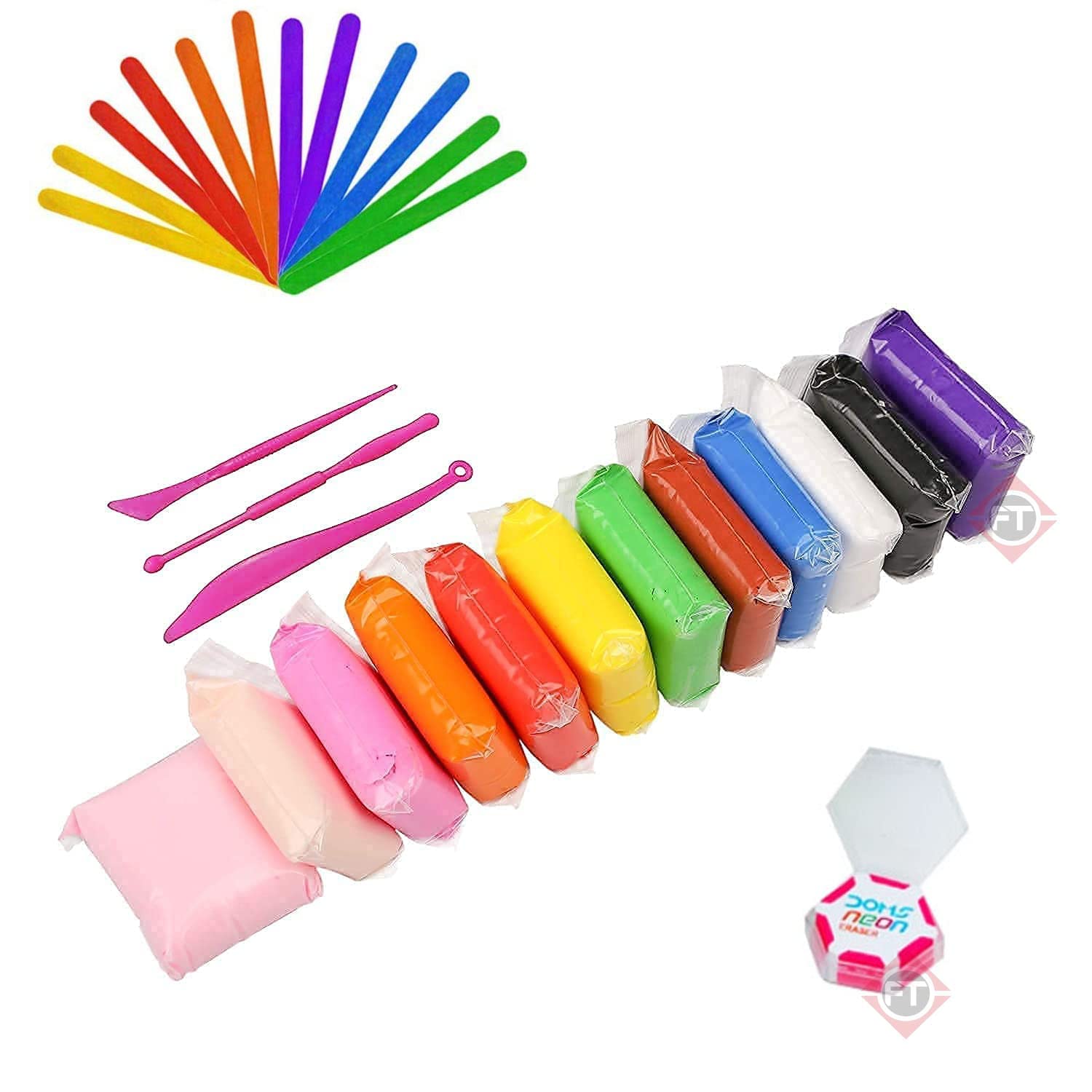 Firstly Traders 12 Pcs Art Air Dry Clay Ice Cream Sticks 1 Neon Eraser ...