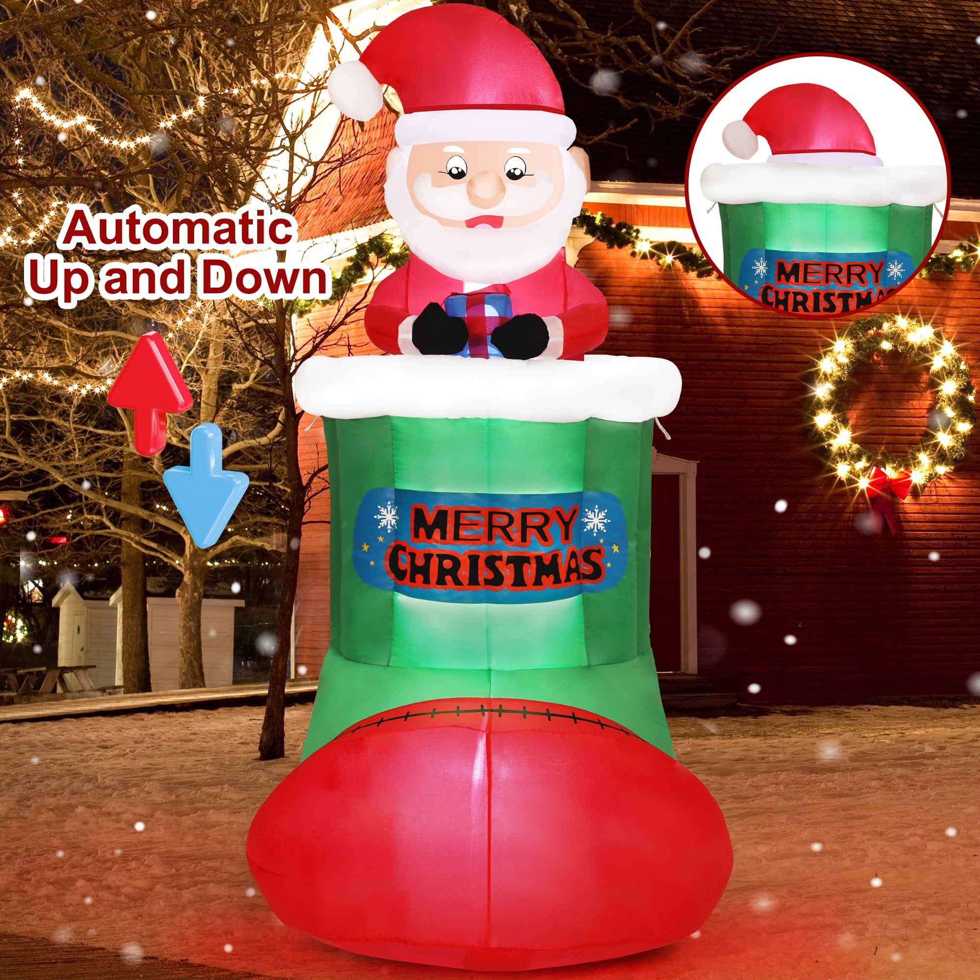 Firstness 5ft Tall Christmas Inflatable,Liftable Santa in the Stocking ...