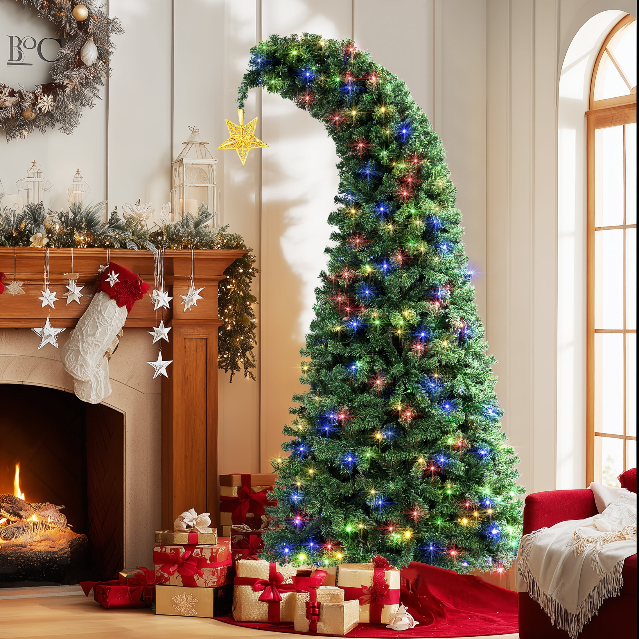 7.5FT Christmas Tree Crooked Neck, Prelit Artificial Xmas Tree with 600 ...