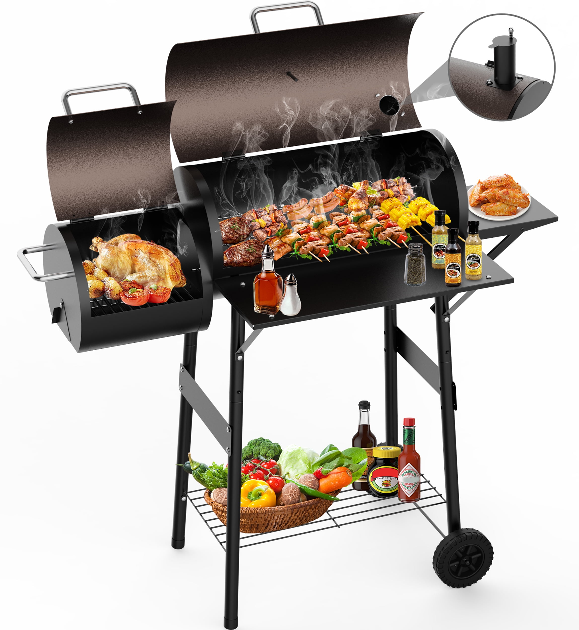 Firstness Charcoal Grill, Outdoor BBQ Grill Charcoal with Offset Smoker ...