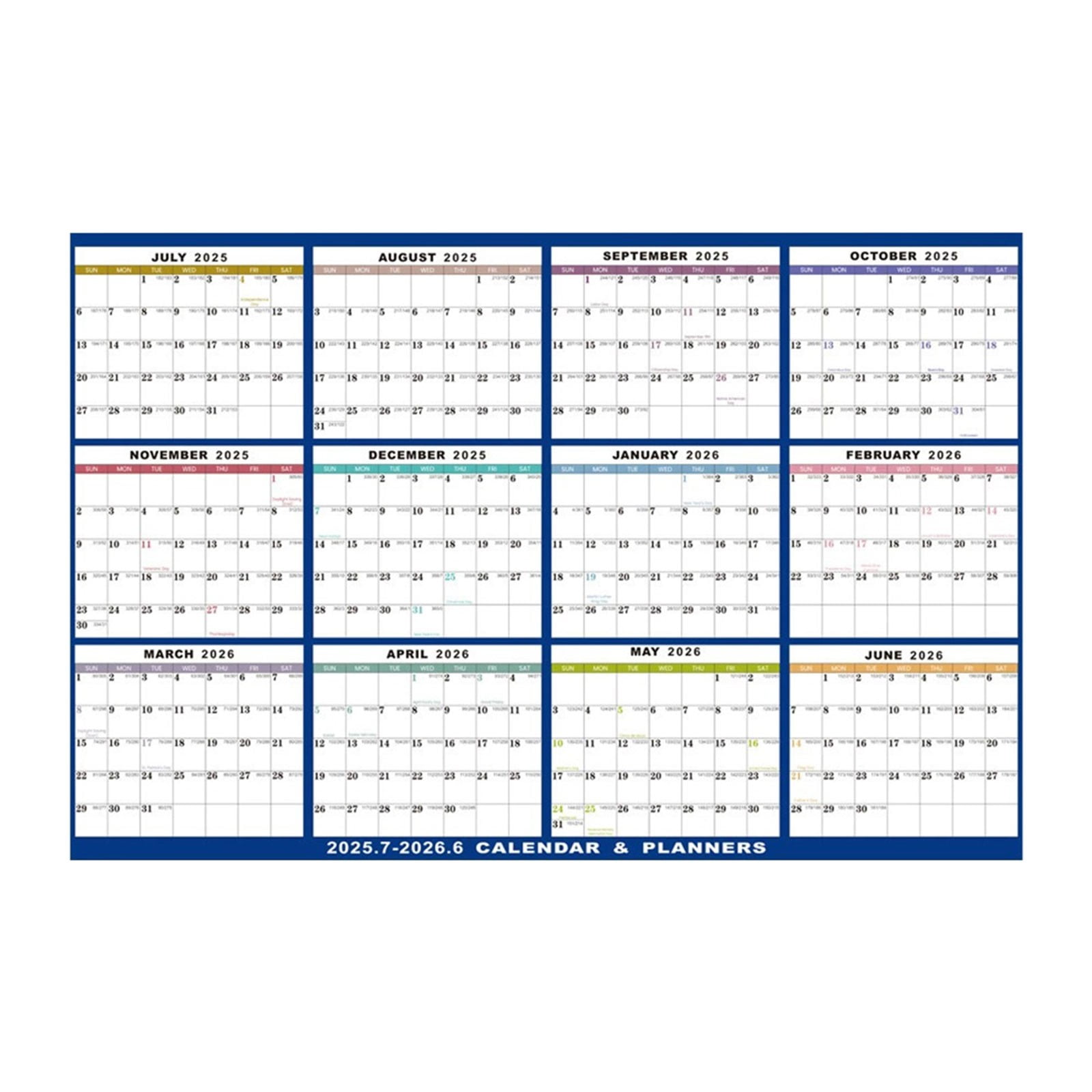 Fiscal/Academic Split Year July 2025 To 2026 Horizontal 12 Month Wall ...