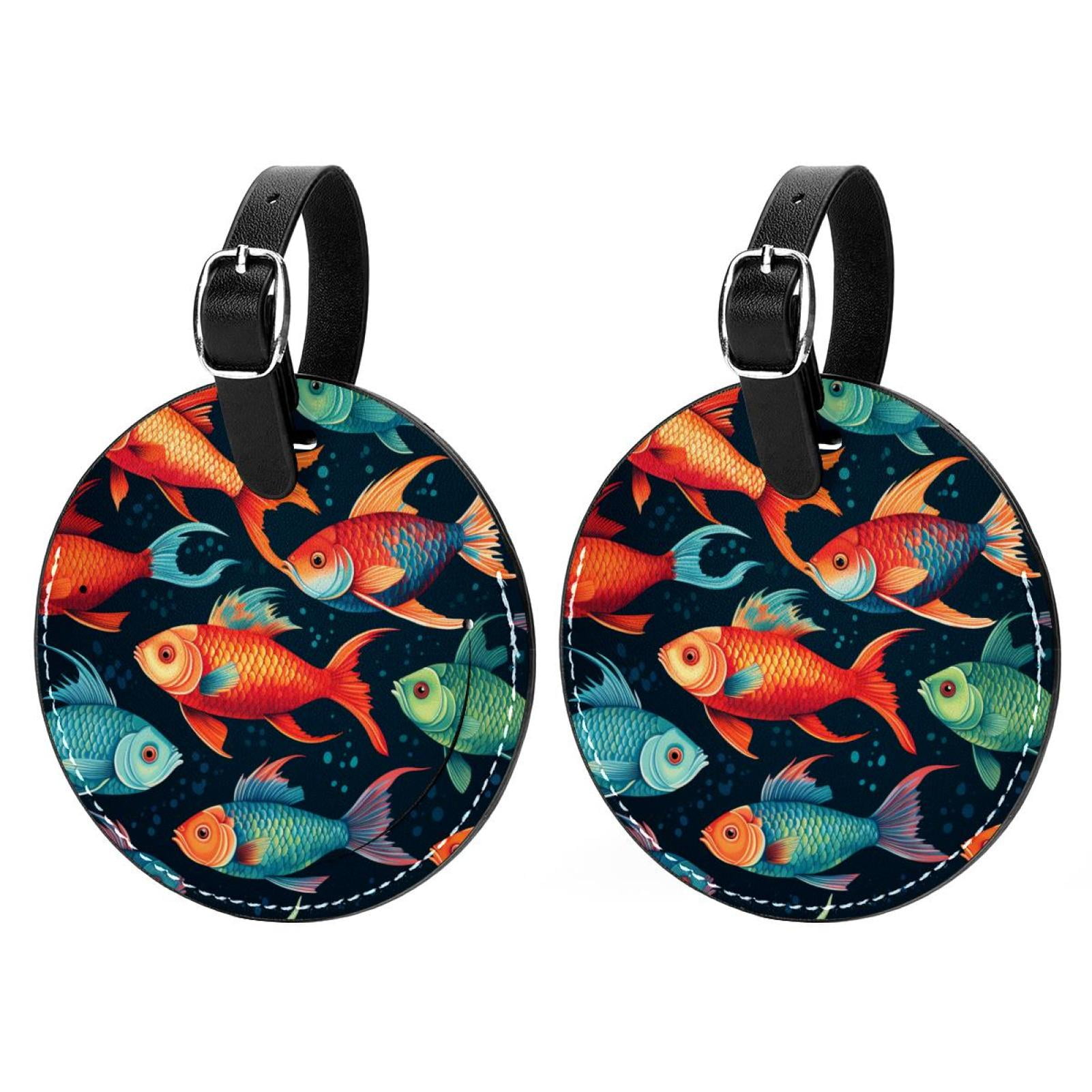 Fish 2Pcs PU Leather Round Luggage Tags with Privacy Cover and Name ID ...