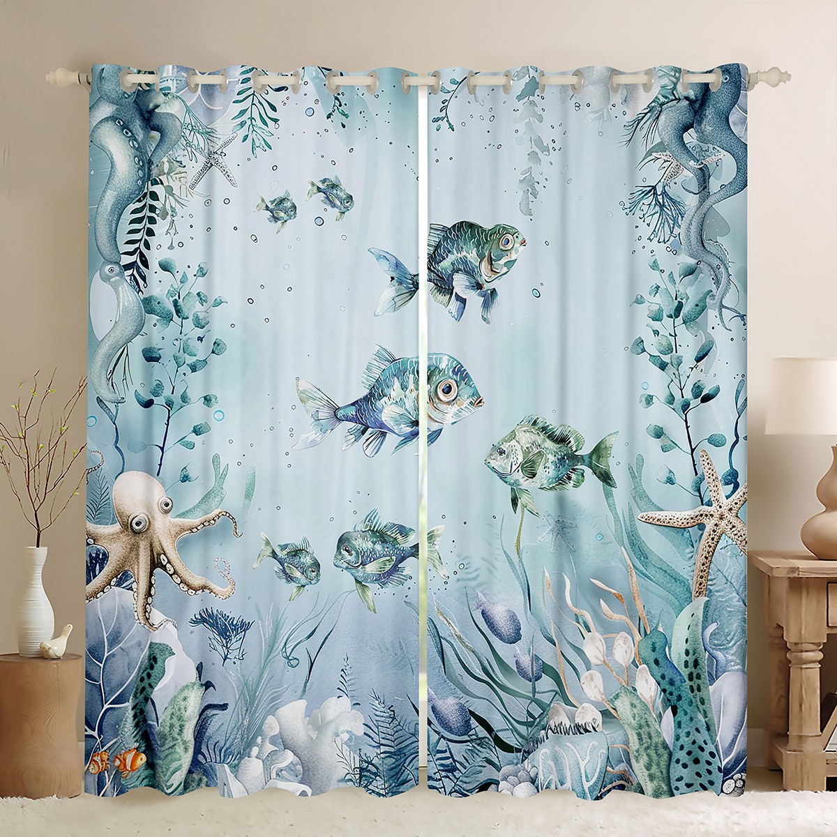 Fish 30%-50% Blackout Curtains Teal Blue Ocean Beach Coastal Curtains 2 ...