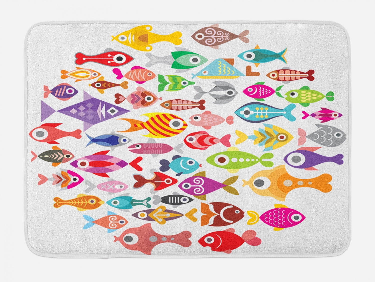 Fish Bath Mat, Rounded Different Size Type Fish Motifs Underwater World ...