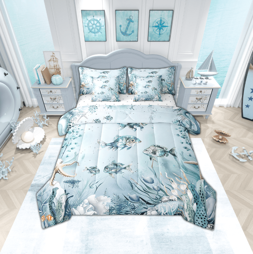 Fish Bed in a Bag King Size Comforter Set 7 Pieces,Teal Blue Ocean ...
