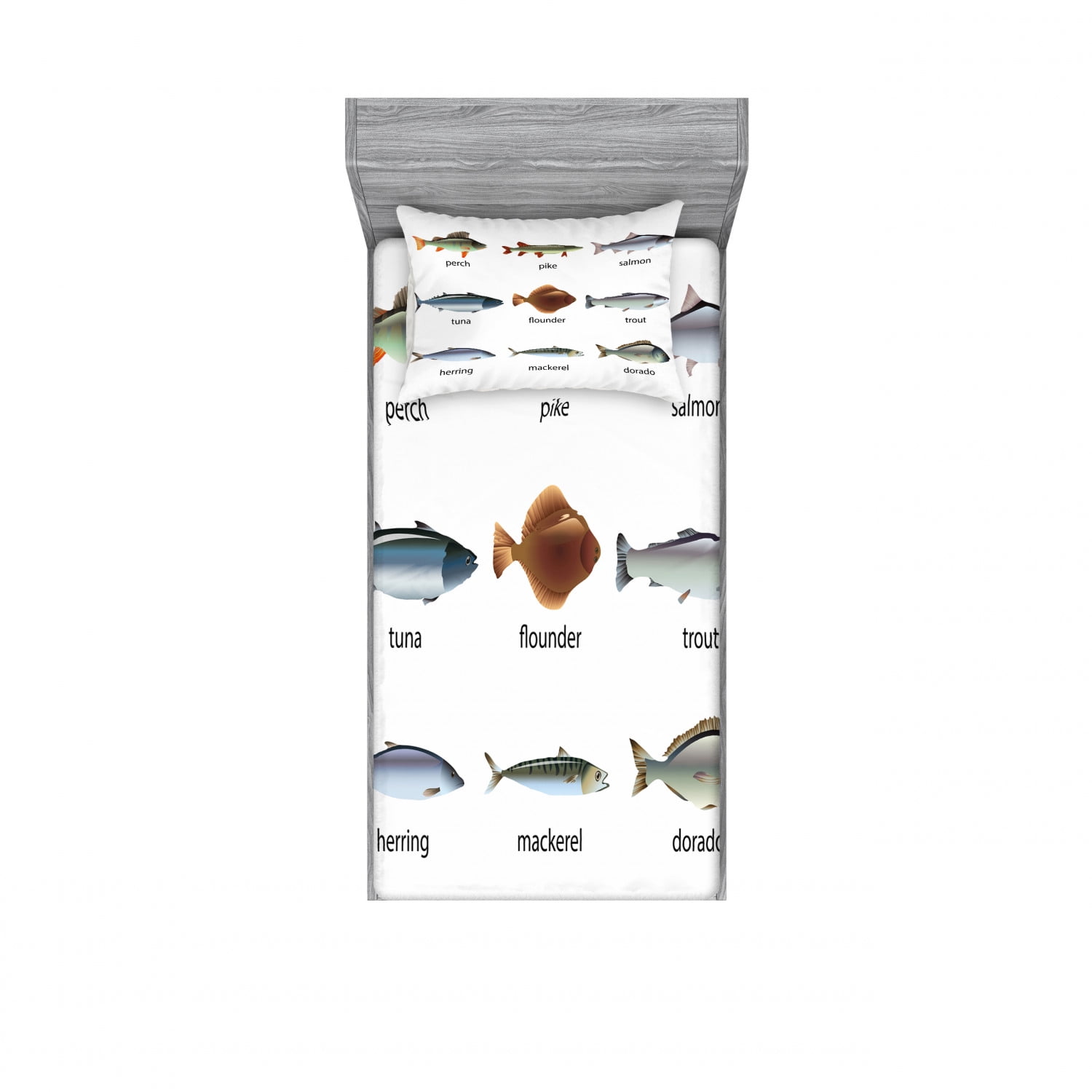 Fish Bedding Set with Sheet & Covers, Group of Animals Perch Tuna Pike ...