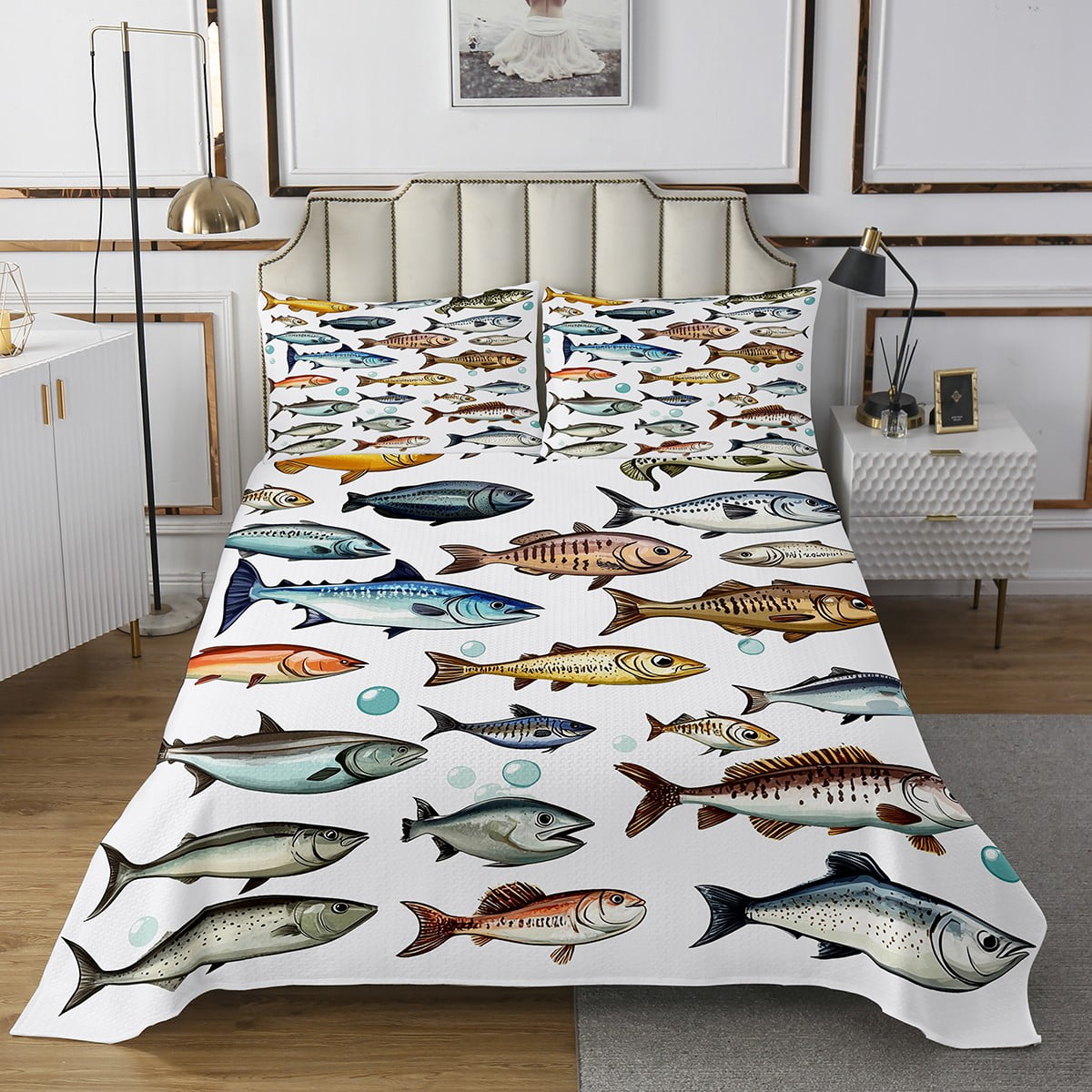 Fish Bedspread Twin Size Fishing And Hunting Themed Quilt Set Ocean ...