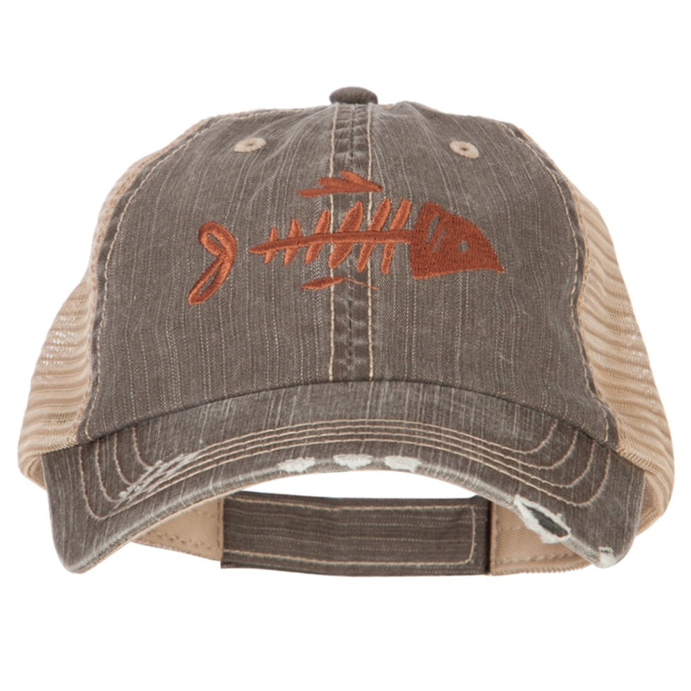 Fish Bone Embroidered Low Profile Cotton Mesh Cap - Brown Khaki OSFM ...
