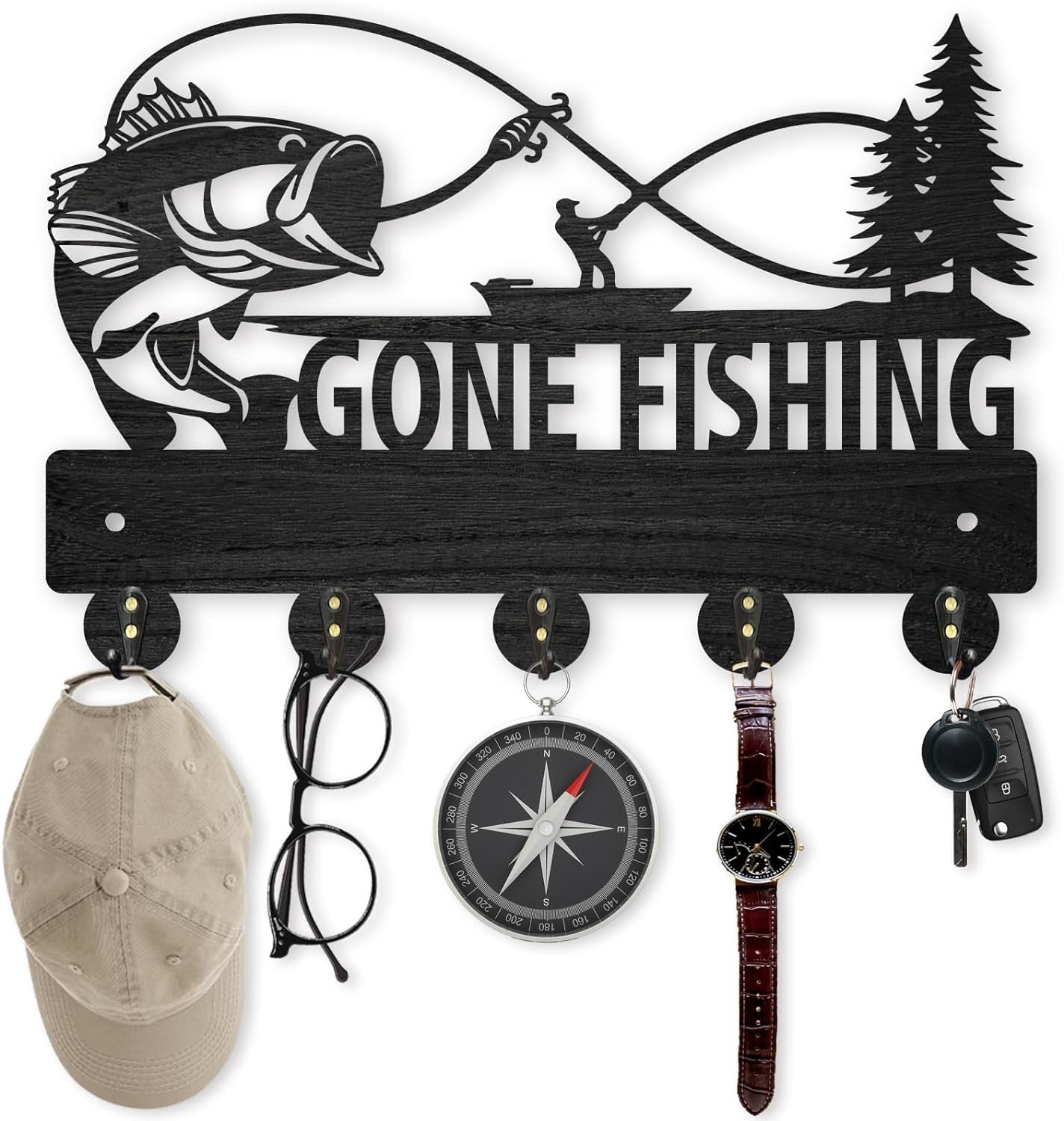 Fish Coat Hooks Wall Mounted 11.8×8inch Gone Fishing Key Holder Wood ...