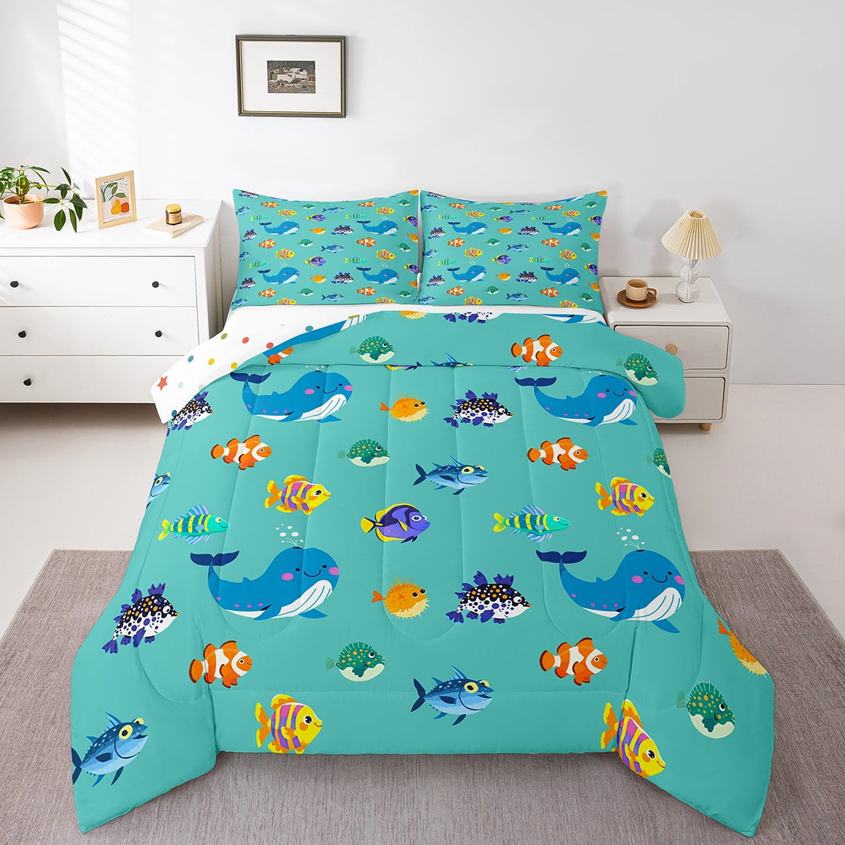 Fish Down Comforter Kids Twin Size,Cartoon Whale Bedding Set For Boys ...