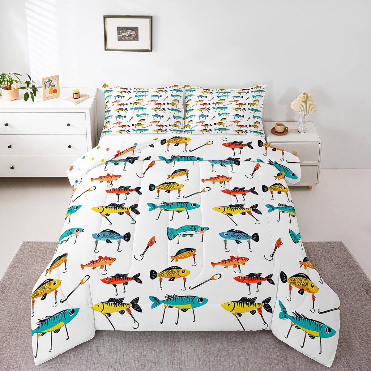 Fish Comforter Set,Fish Hook Fishing Bedding Set King Size Sea Animal ...