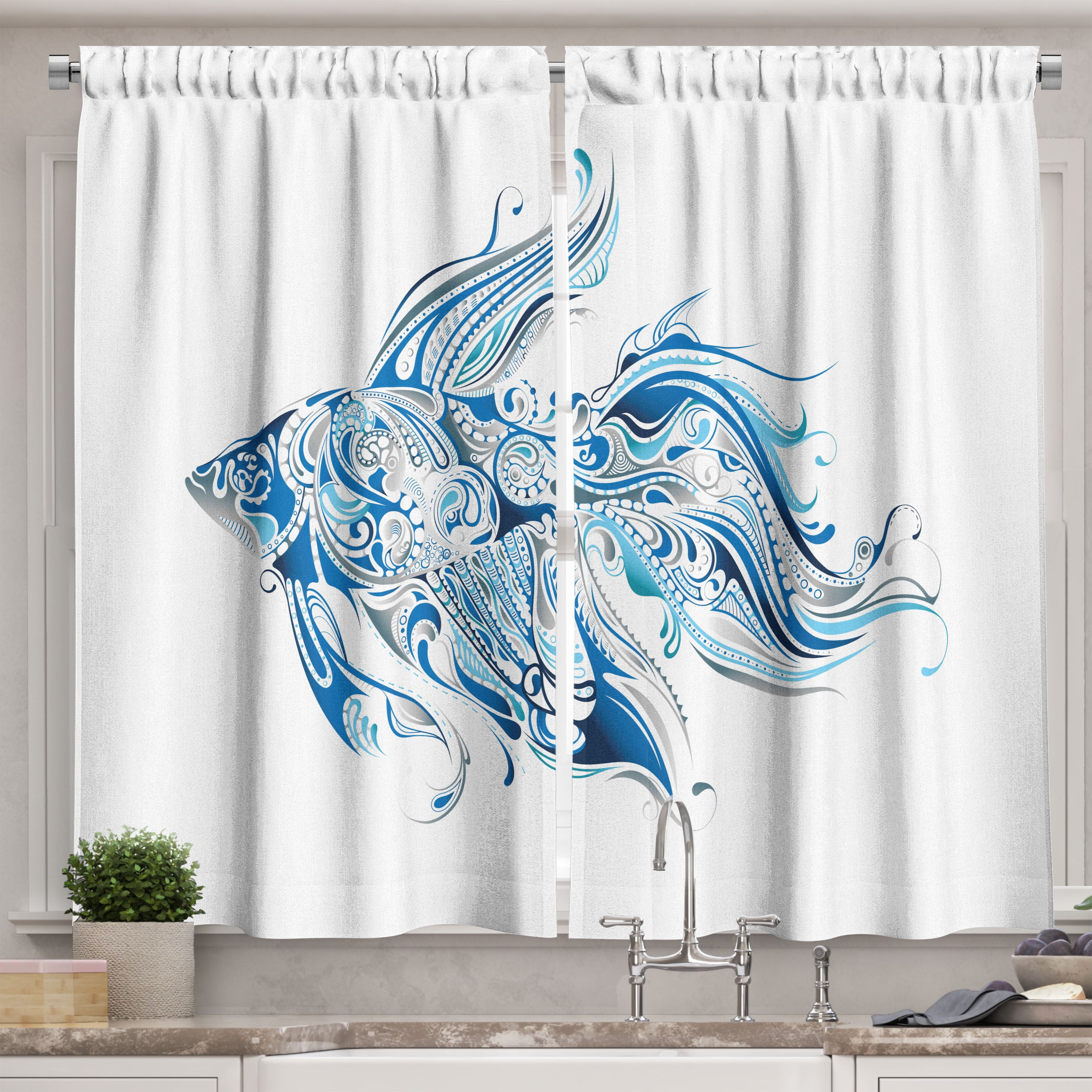 Fish Curtains 2 Panels Set, Abstract Betta Splenden in Shades of Blue ...