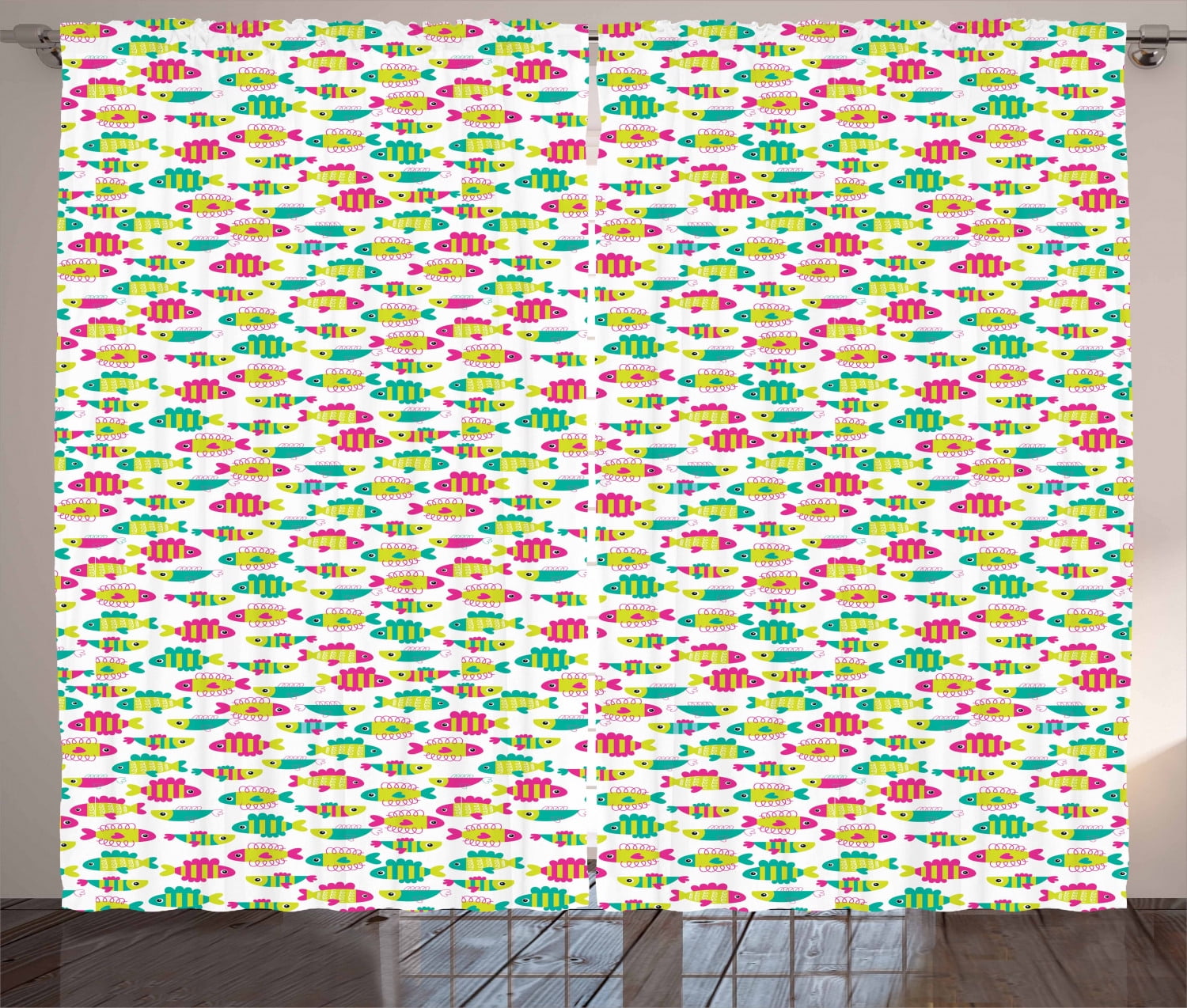 Fish Curtains 2 Panels Set, Animals of the Aquarium with Stripes Swirls ...