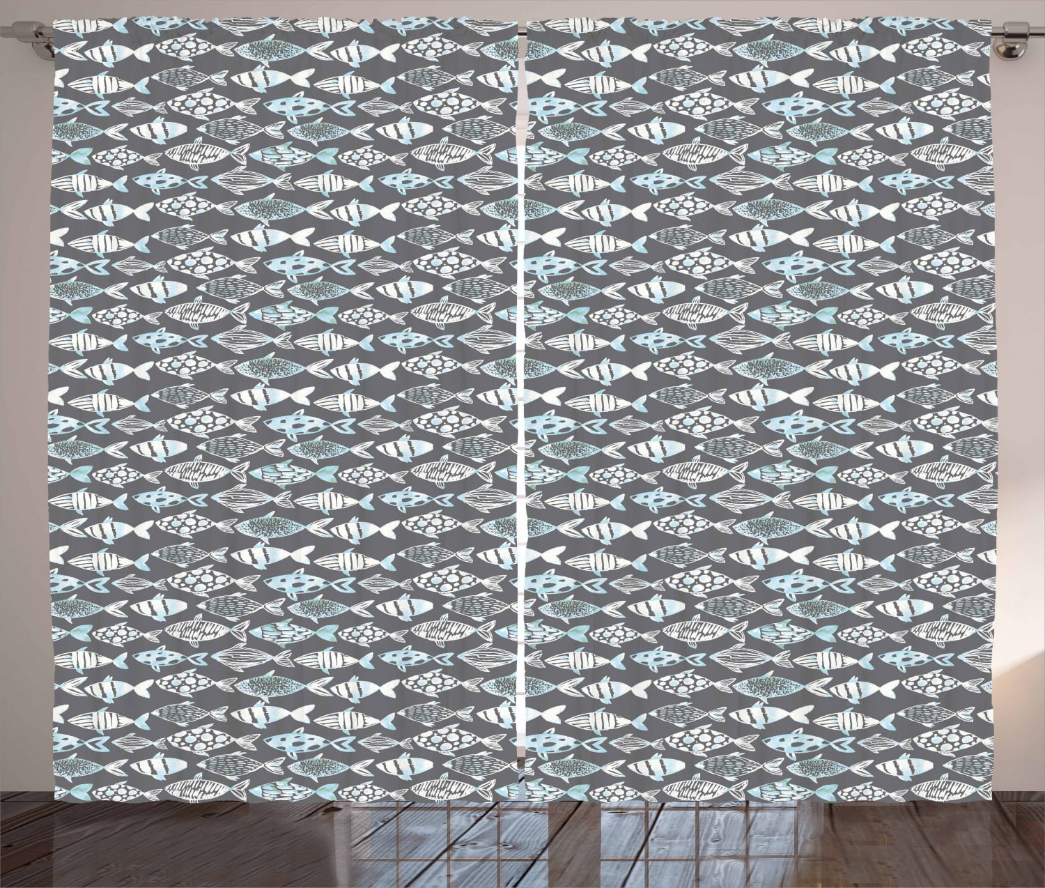 Ambesonne Fish Curtains 2 Panel Set, Abstract Fishing Theme, 108" x 96 ...