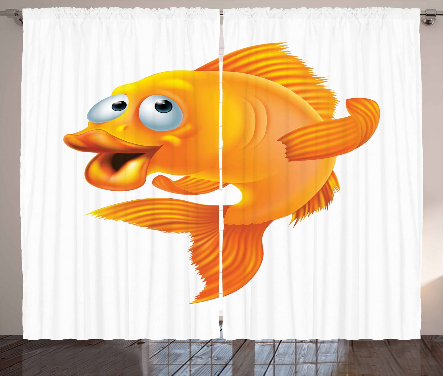 Ambesonne Fish Curtains 2 Panel Set, Happy Playful Goldfish, 108" x 90 ...