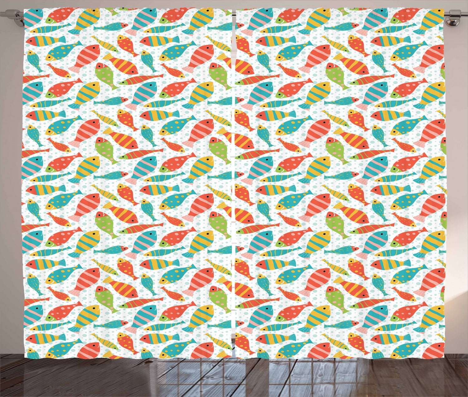 Ambesonne Fish Curtains 2 Panel Set, Colorful Fish Sea Bubbles, 108" x ...