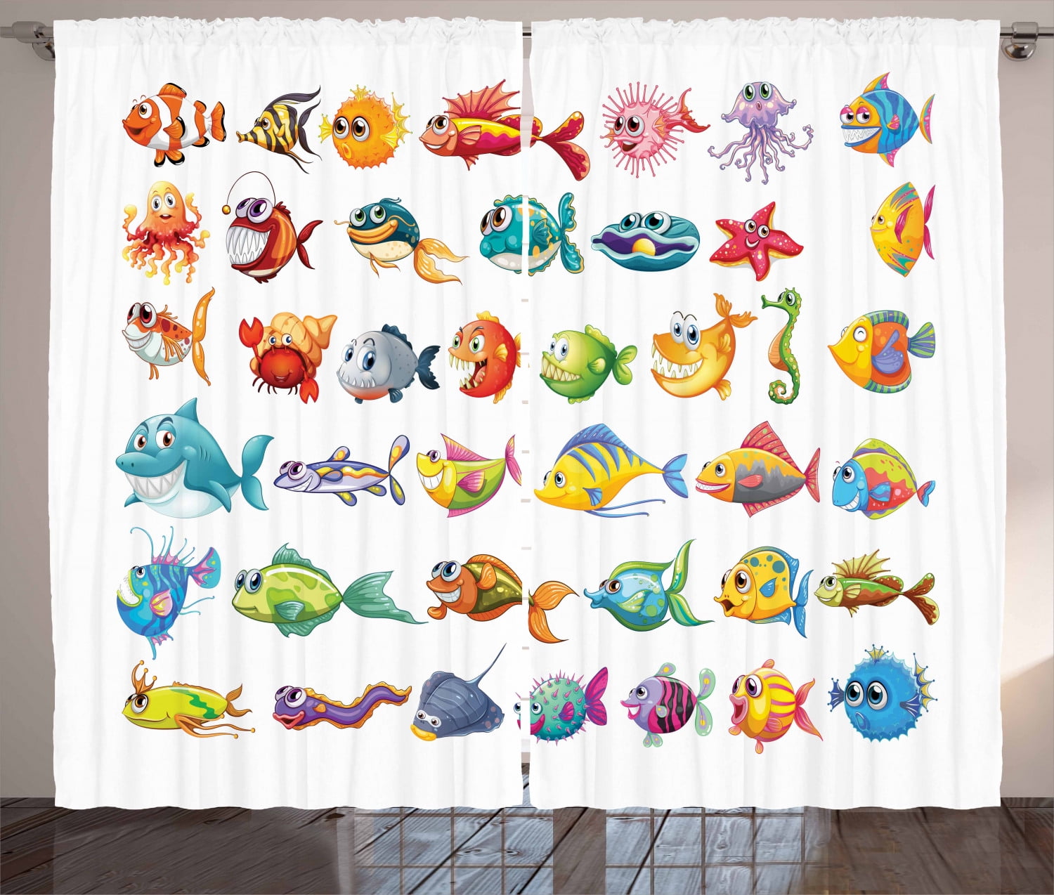 Fish Curtains 2 Panels Set, Collection of Sea Creatures Cartoon Style ...