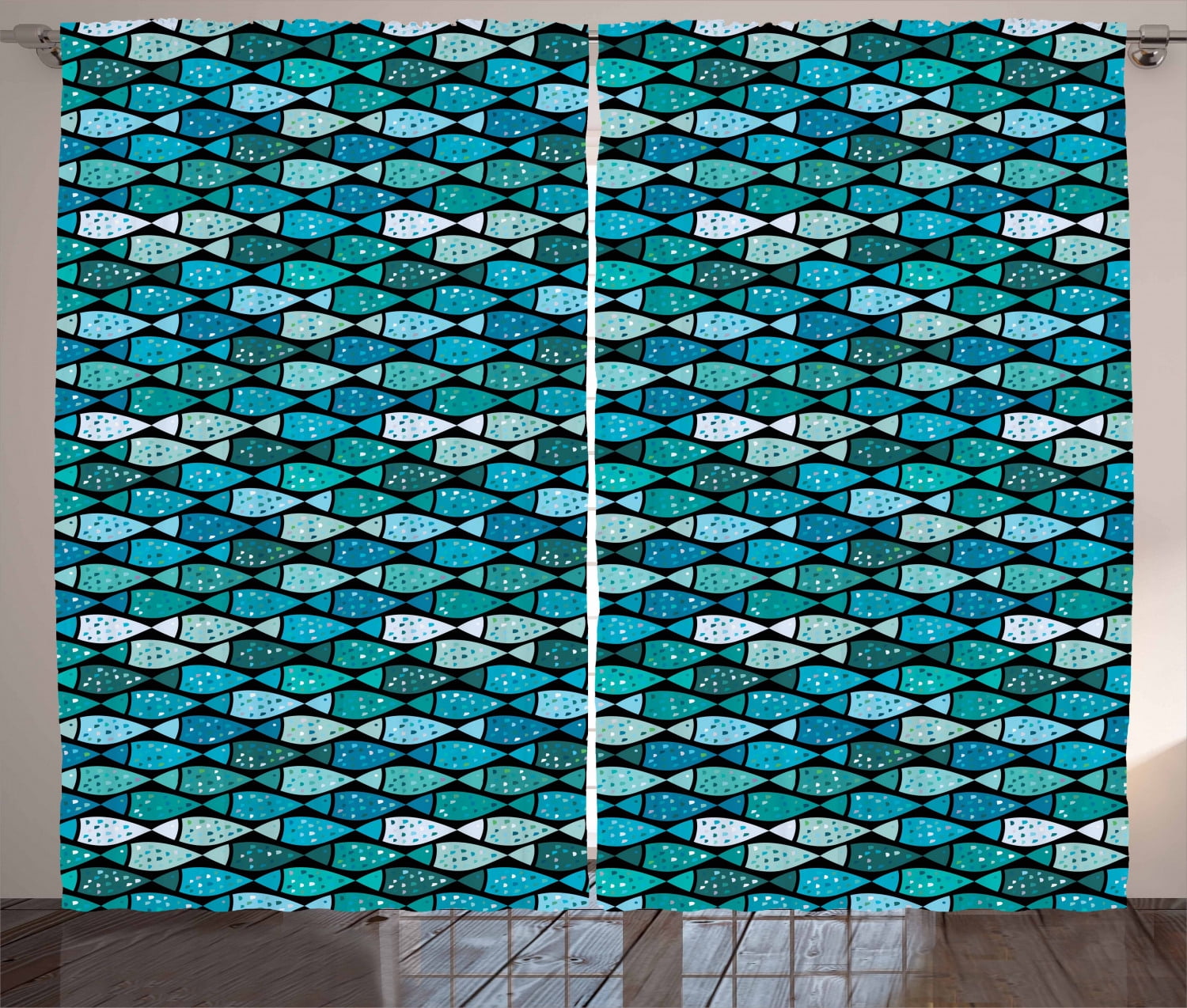 Ambesonne Fish Curtains 2 Panel Set, Doodle Aquarium Art, 108" x 84 ...