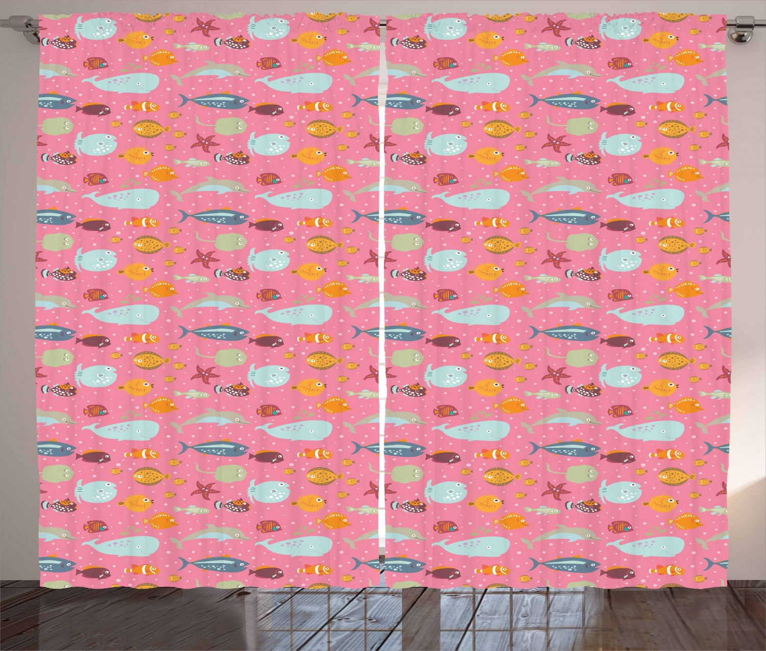 Ambesonne Fish Curtains 2 Panel Set, Doodle Marine, 108" x 96 ...