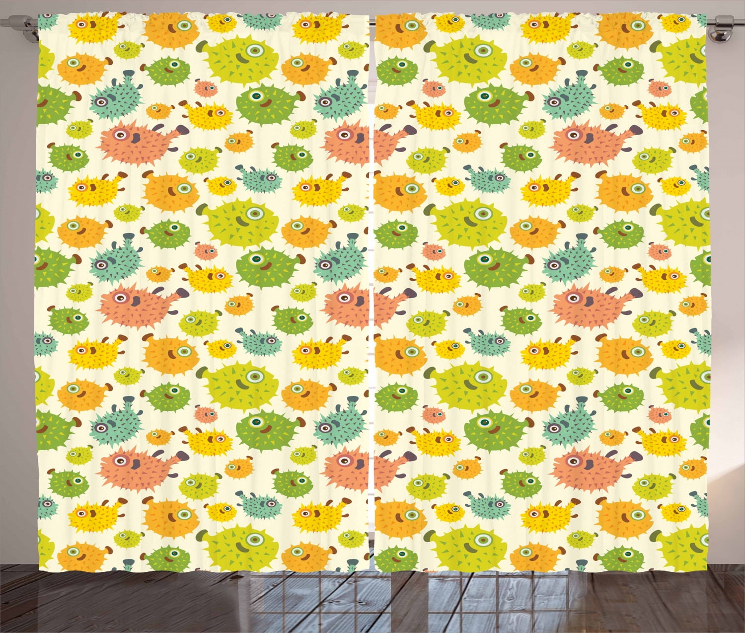 Ambesonne Fish Curtains 2 Panel Set, Funny Pufferfish Colorful, 108" x ...