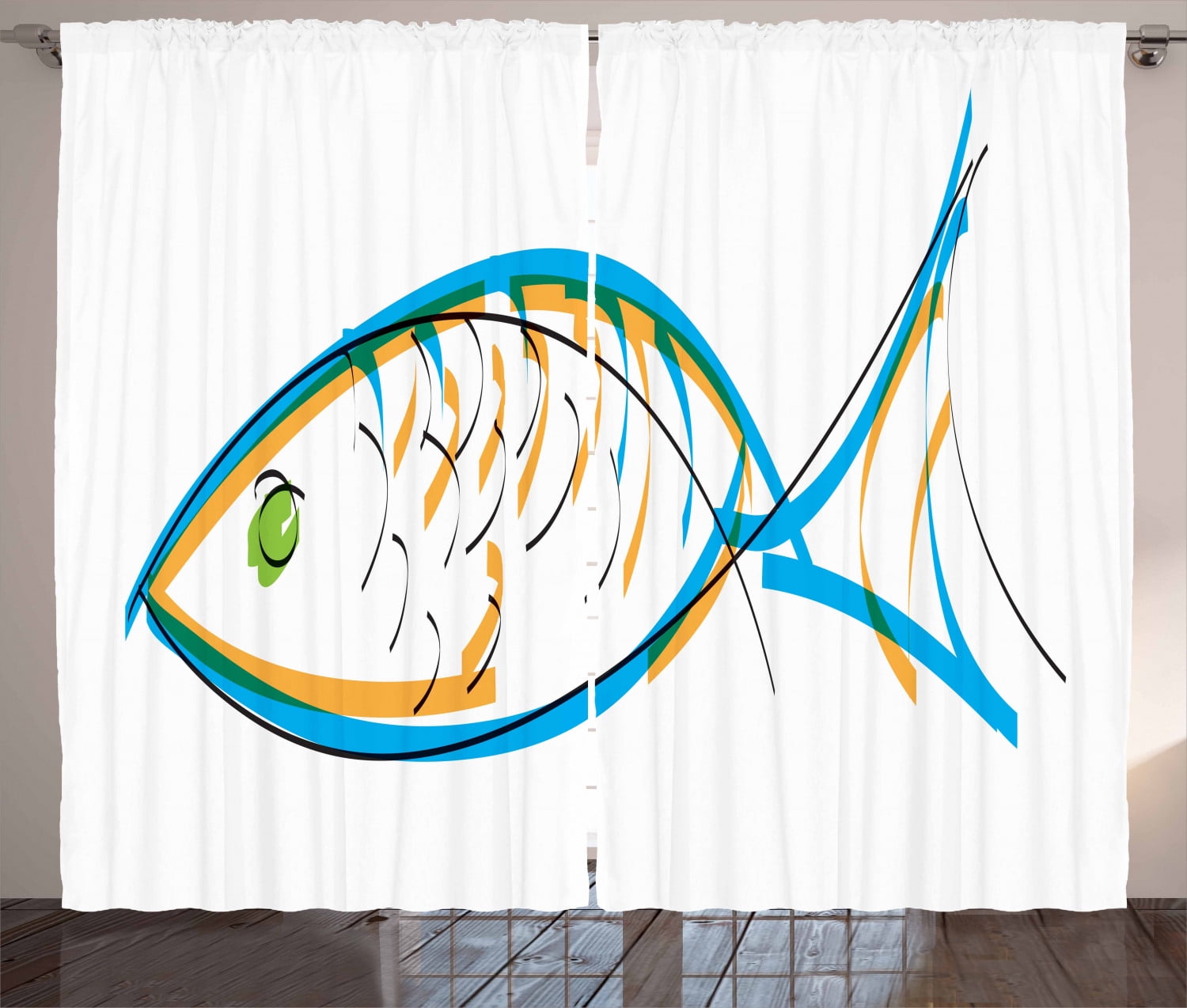 Ambesonne Fish Curtains 2 Panel Set, Aquarium Animal Drawing, 108" x 84 ...