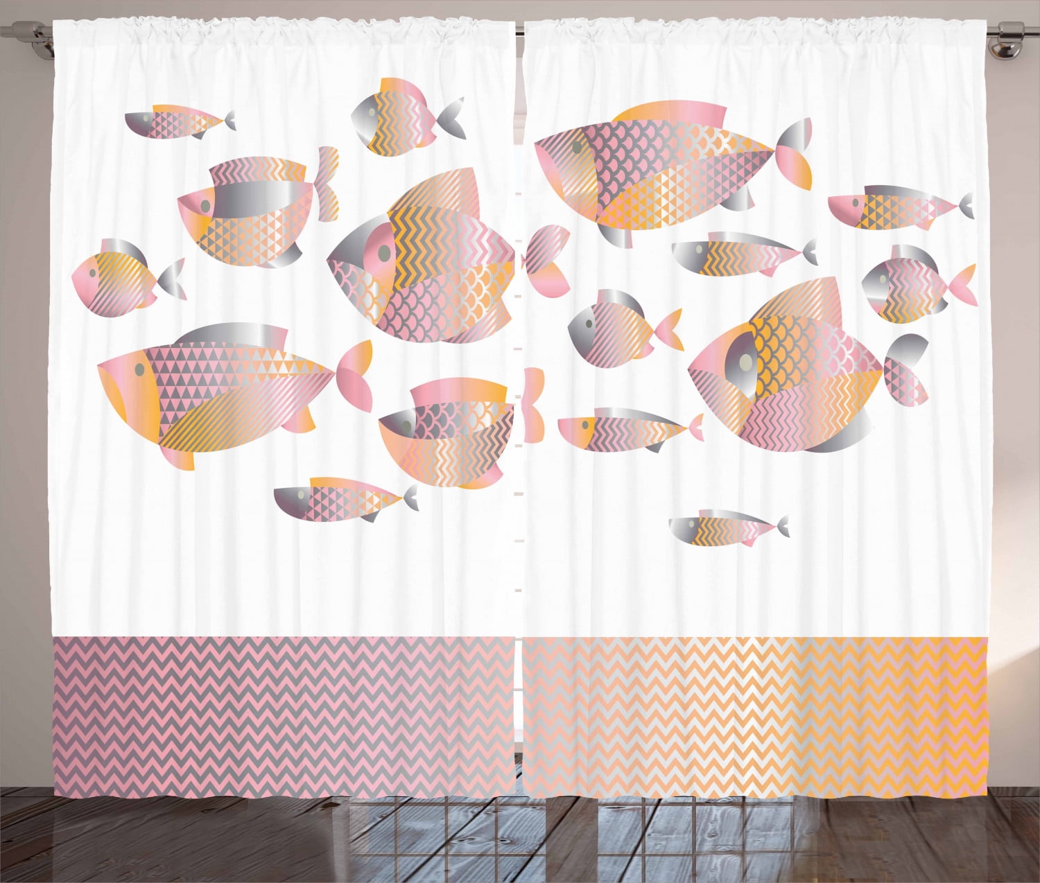 Ambesonne Fish Curtains 2 Panel Set, Modern Sea Animal Zigzag, 108" x ...