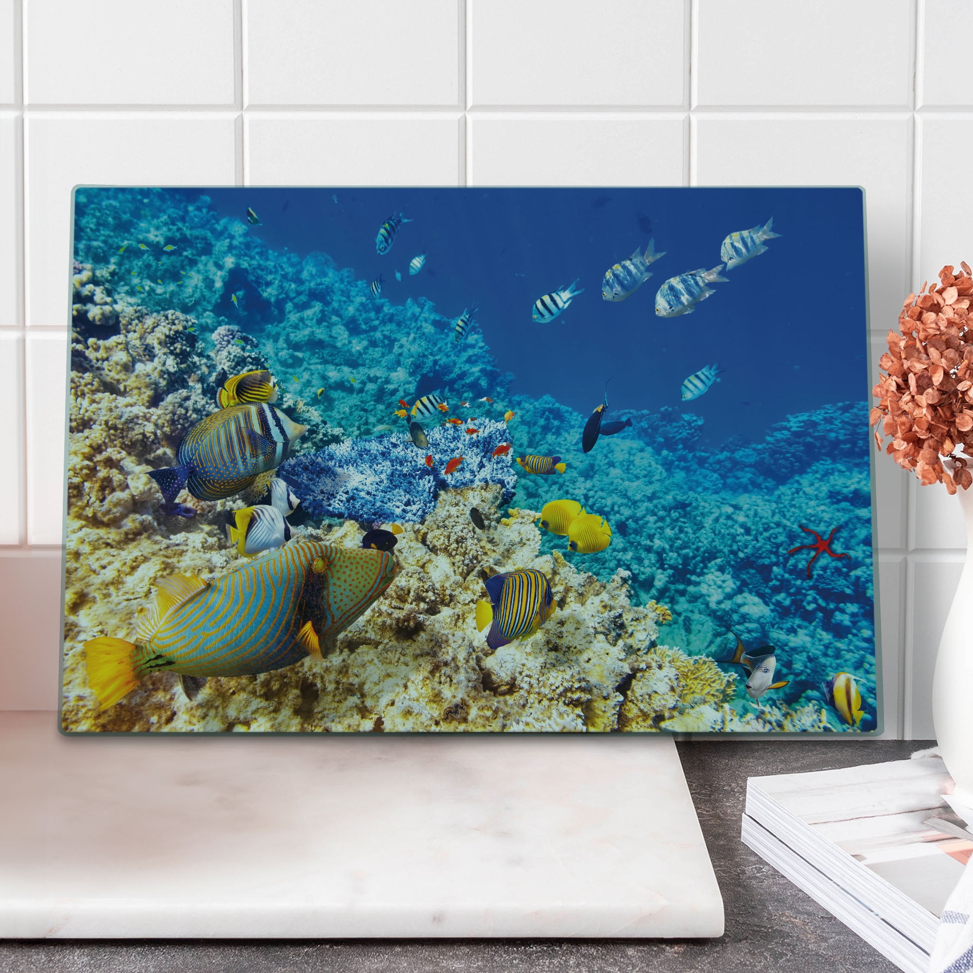 Fish Cutting Board, Barrier Reefs Covered Sea with Lagoon and Zebrafish ...