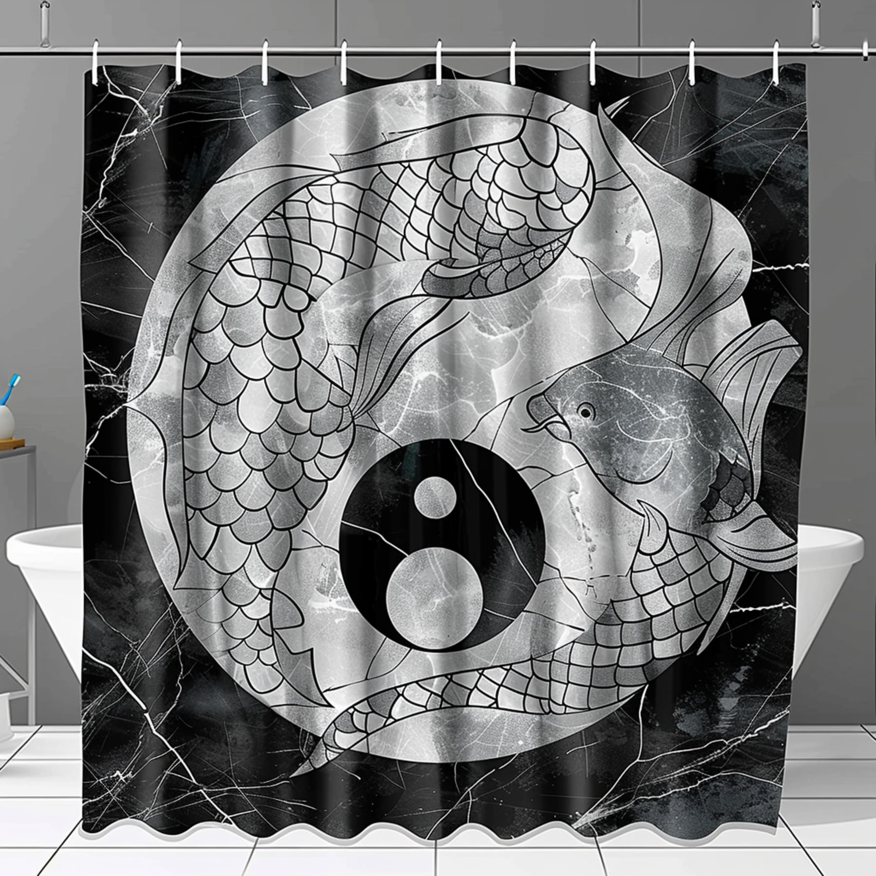 Fish Design Shower Curtain on Black Marble Background Vintage Style ...