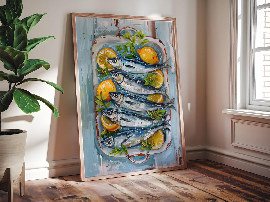 Fish Dish Illustration Kitchen Wall Art with Wood Frame, Unframed ...