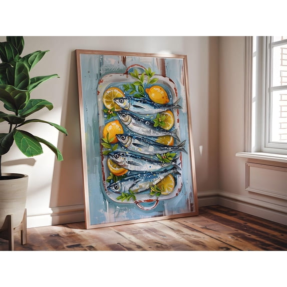 Fish Dish Illustration Kitchen Wall Art with Wood Frame, Unframed Paper ...