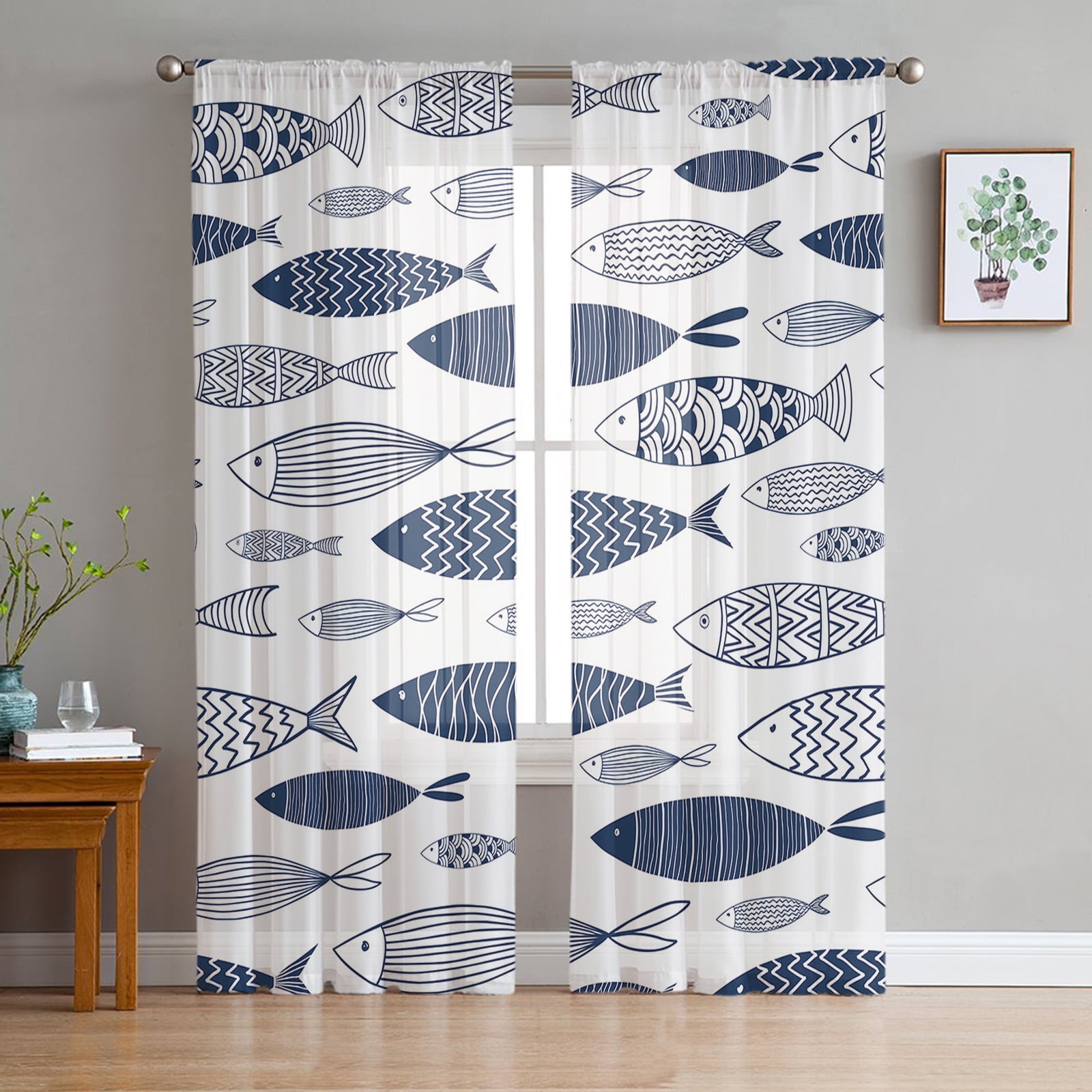 Fish Doodle Striped Lines Japan Texture Tulle In Sheer Curtains For ...