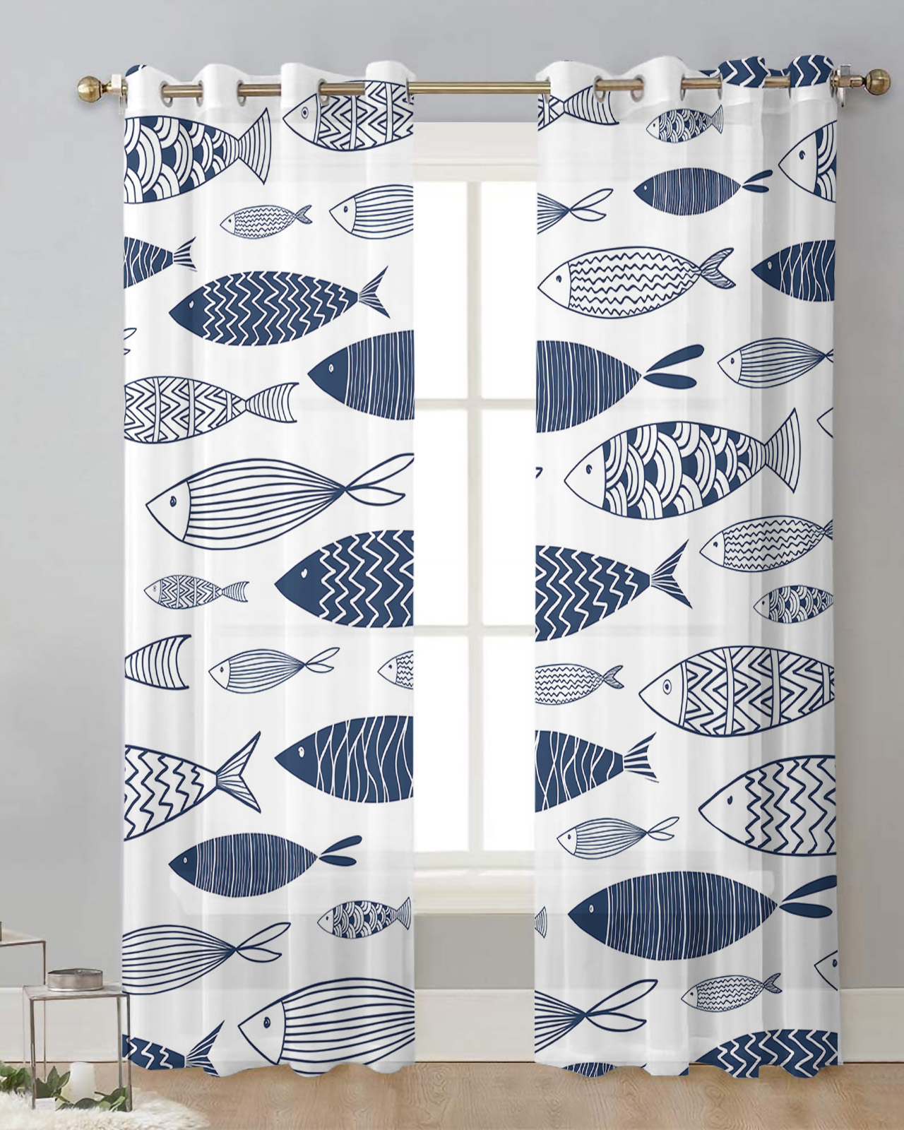 Fish Doodle Striped Lines Japan Voile Hanging Curtain Living Room Sheer ...