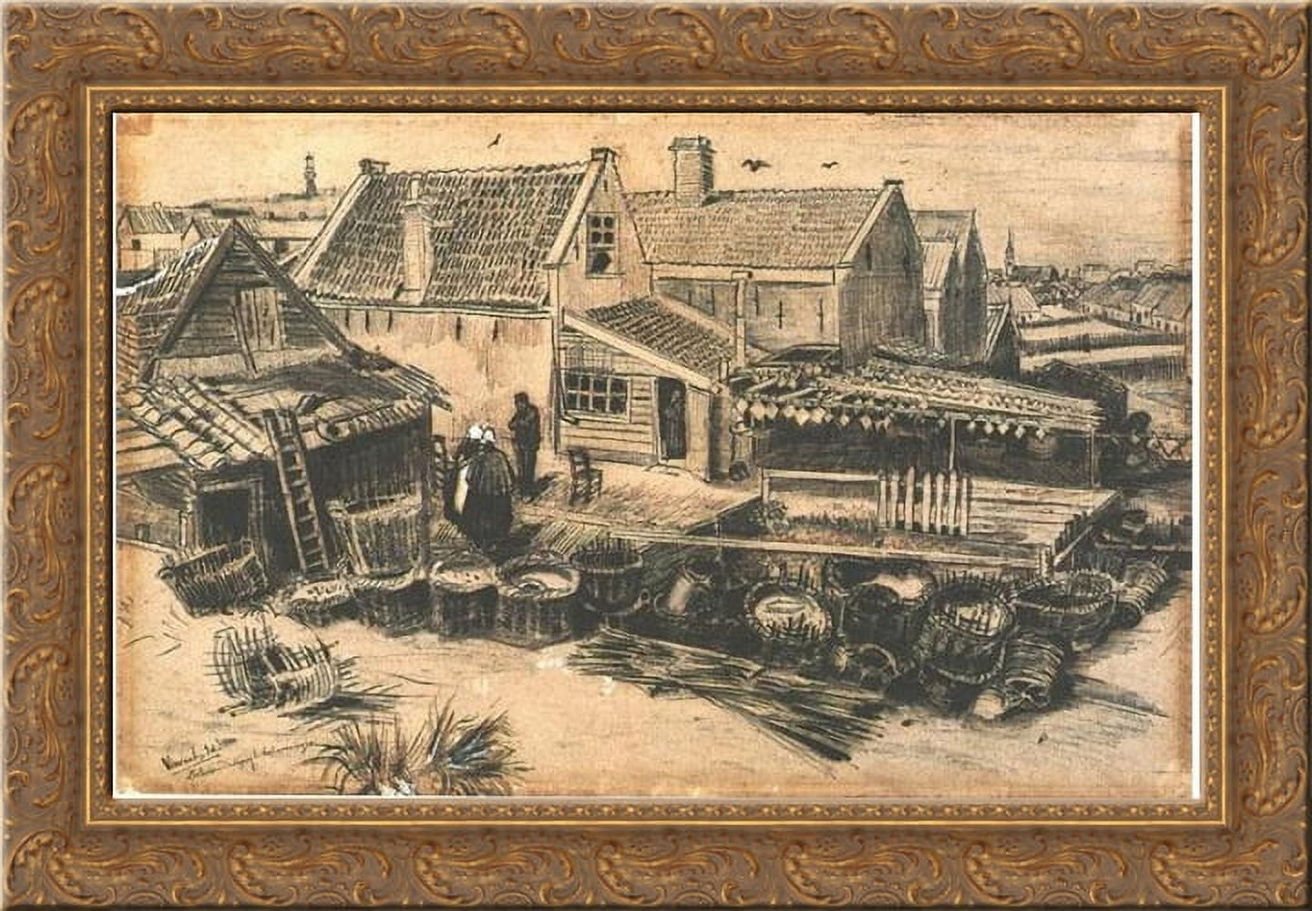 Fish-Drying Barn, Seen From a Height 24x18 Gold Ornate Wood Framed ...