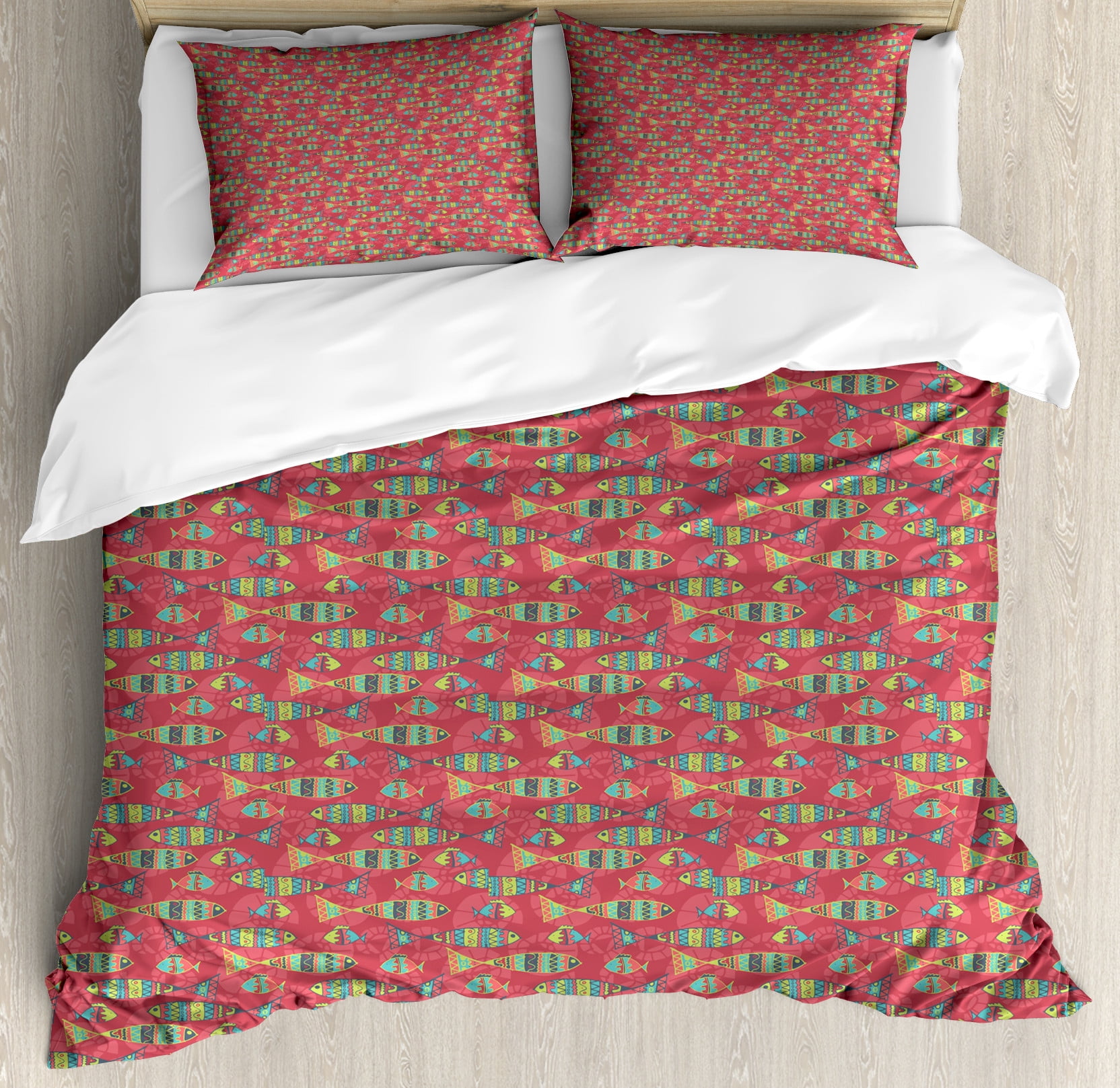 Fish Duvet Cover Set, Aboriginal Style Ornamental Fish Feels in Vivid ...