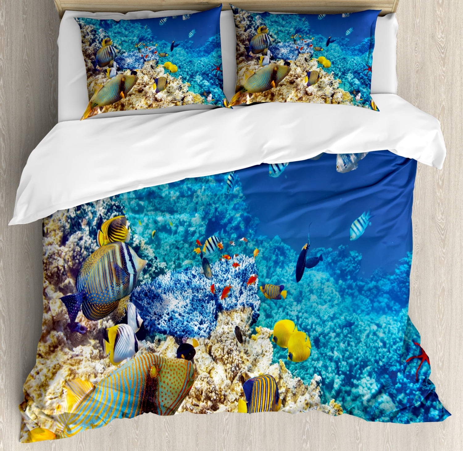 Fish Duvet Cover Set, Barrier Reefs Covered Sea with Lagoon and ...