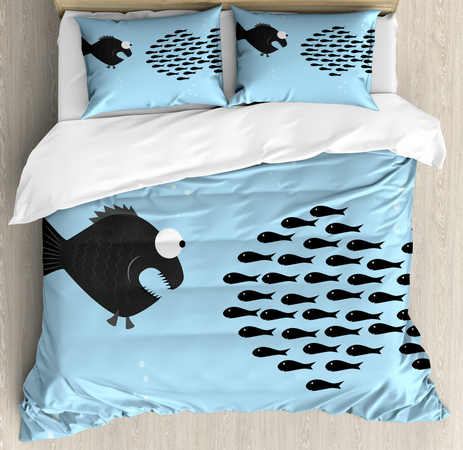 Fish Duvet Cover Set King Size, Little Fishes United to Fight with Big ...