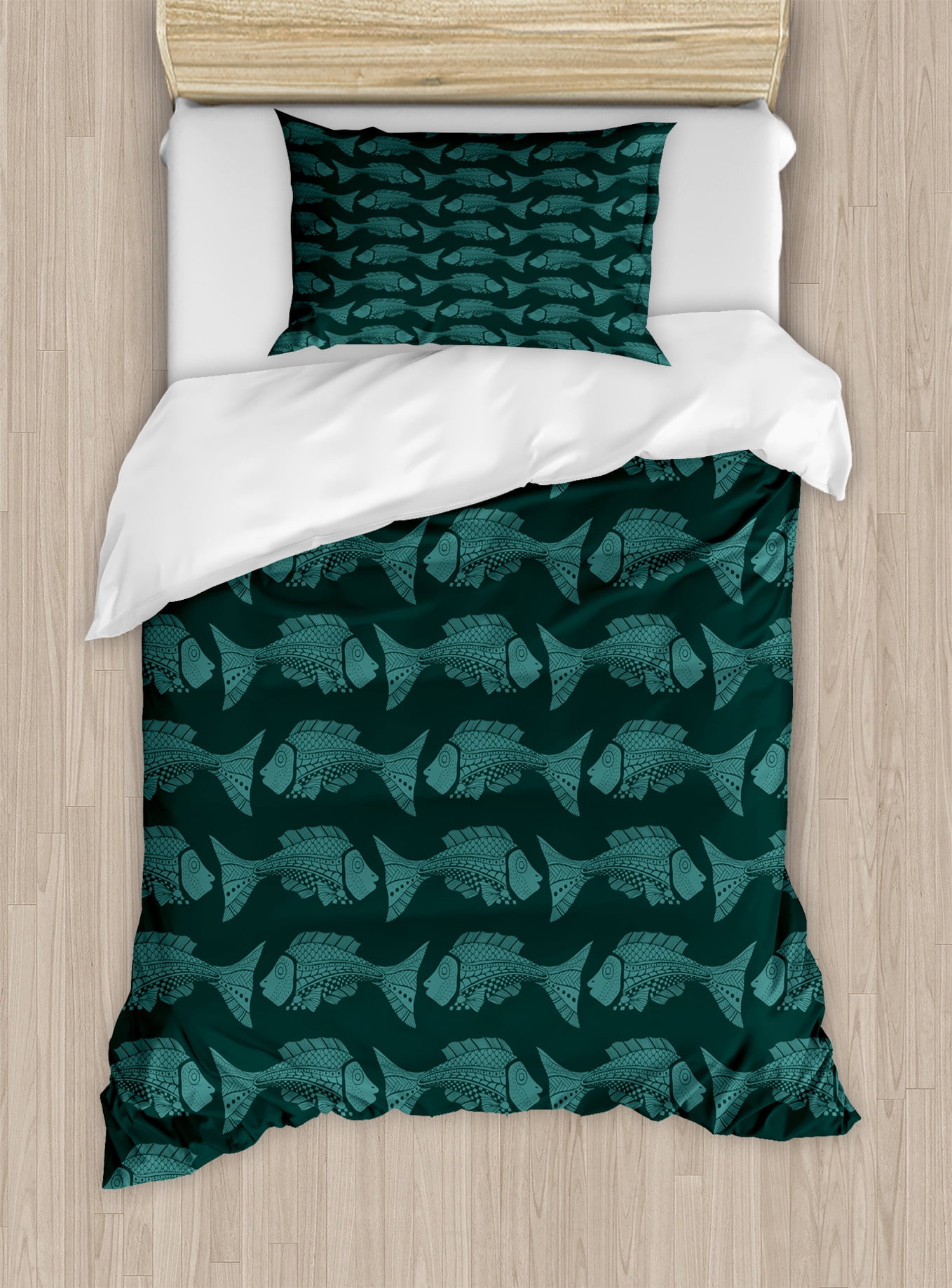 Fish Duvet Cover Set, Rhythmic Vintage Style Dark Tones Sea Creatures ...