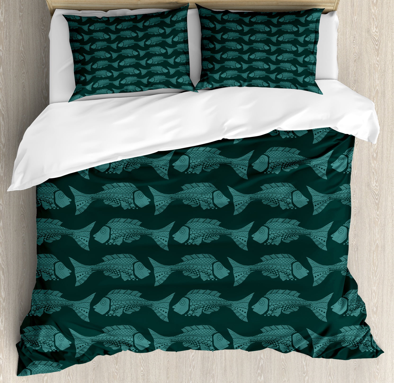 Fish Duvet Cover Set, Rhythmic Vintage Style Dark Tones Sea Creatures ...