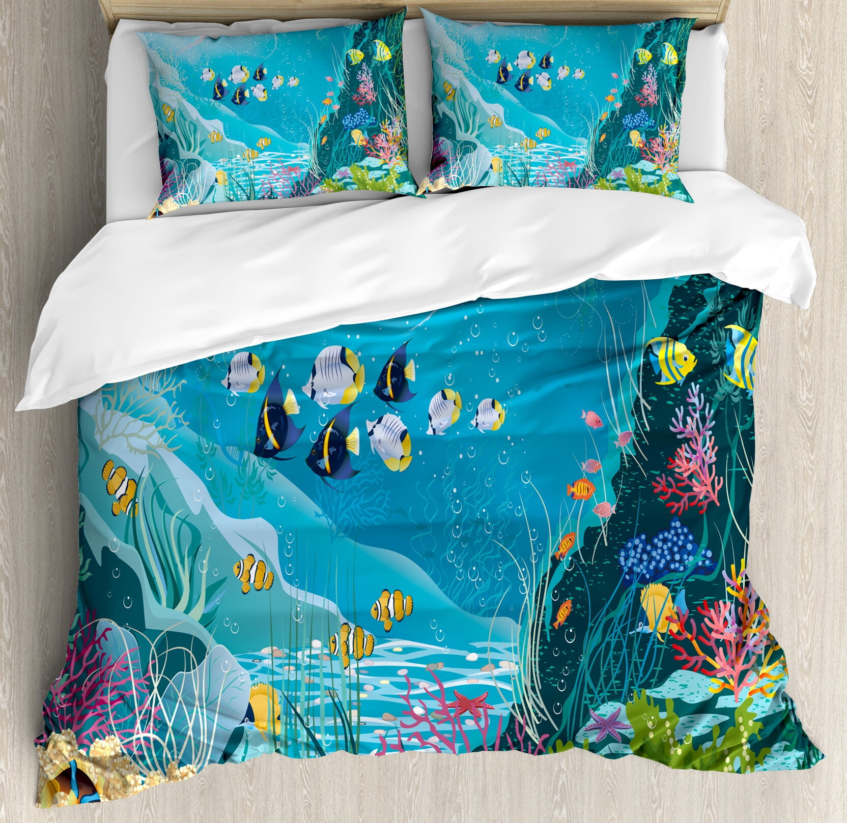 Fish Duvet Cover Set, Underwater Landscape with Tropical Fish and Algae ...