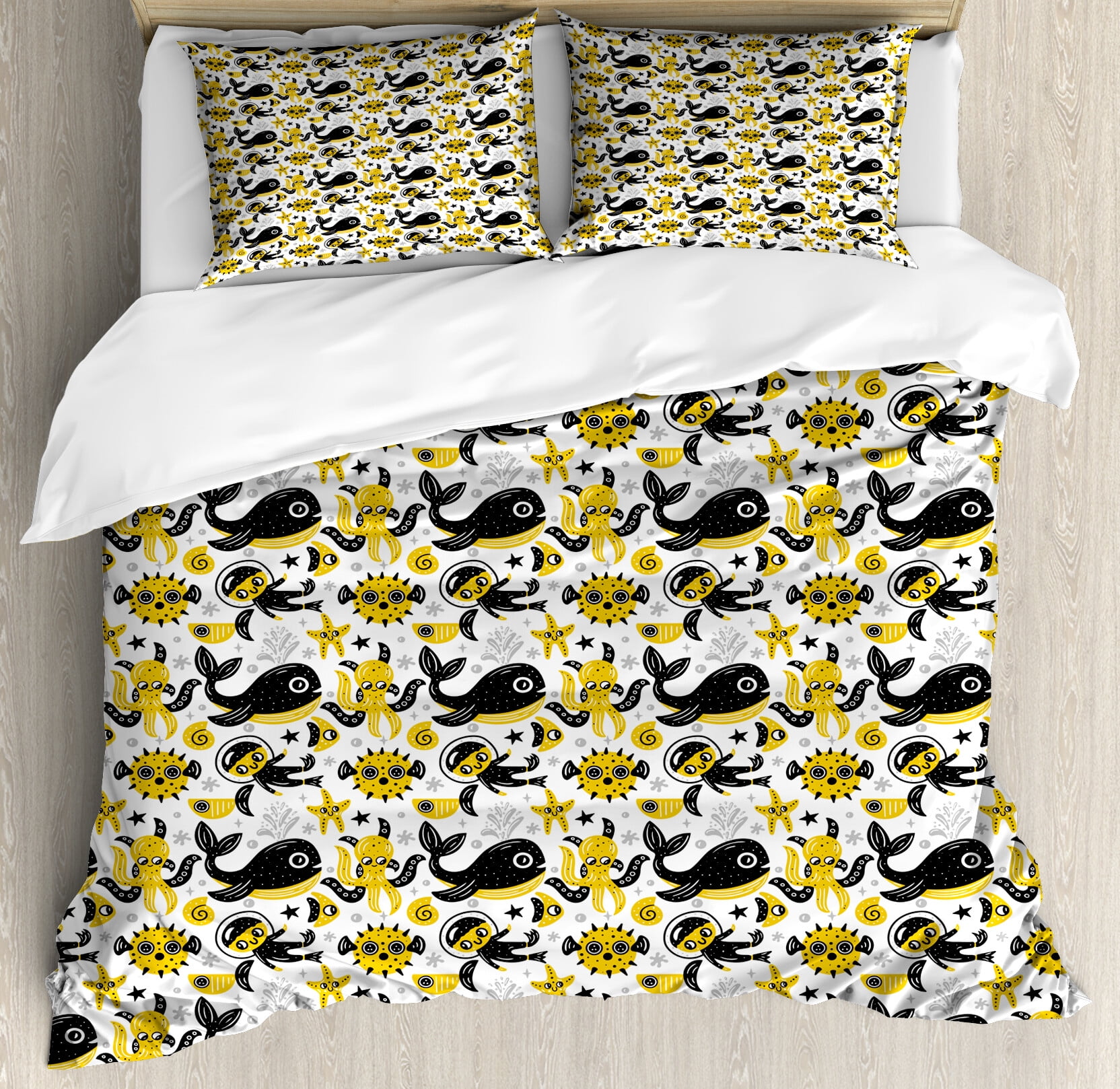 Fish Duvet Cover Set, Underwater Fish Starfish Octopus Whale Coral ...