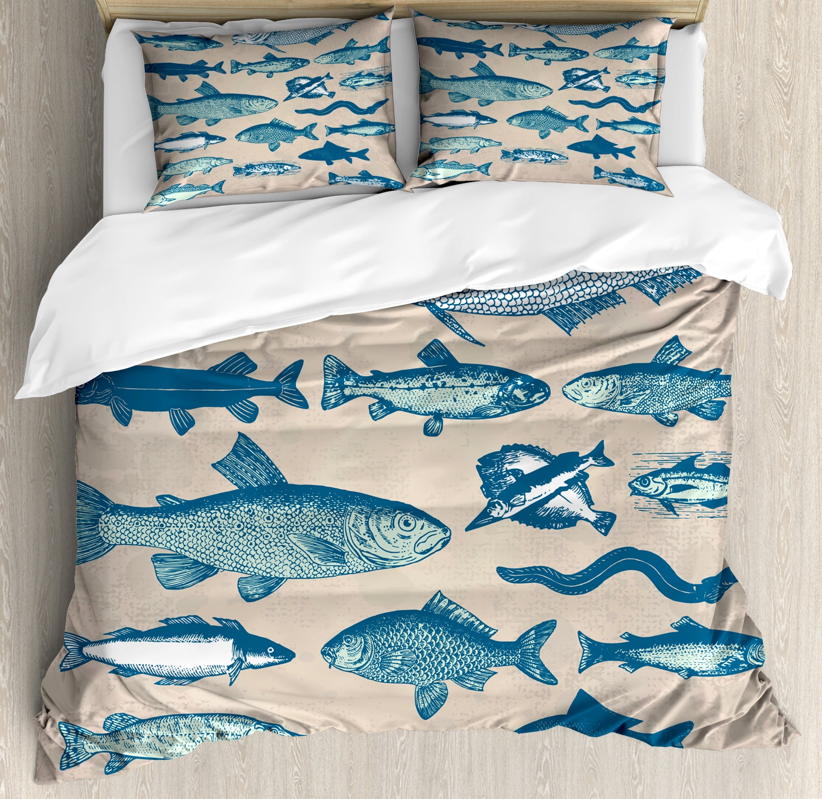 Fish Duvet Cover Set, Vintage Style Group of Various Different Fish ...