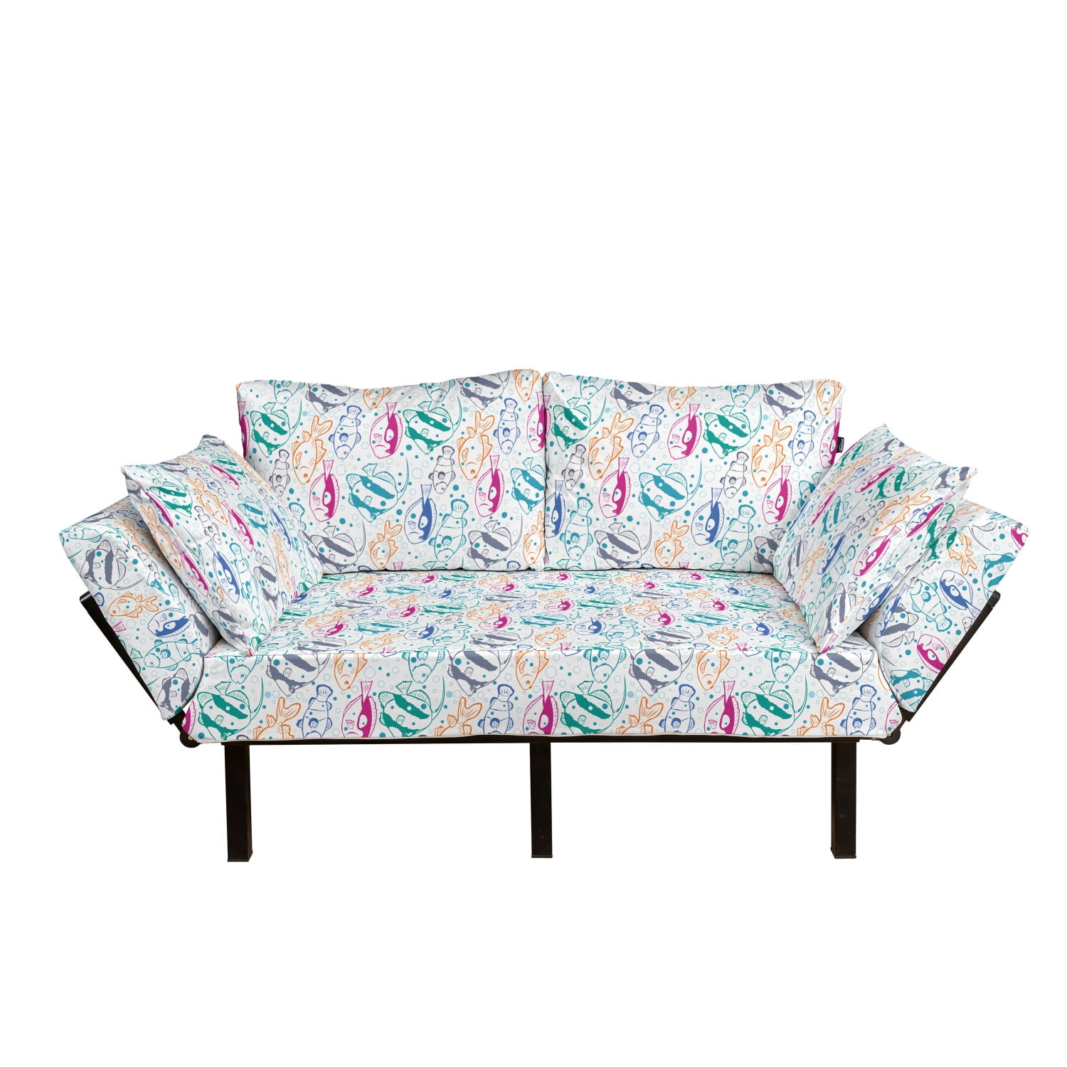 Fish Futon Couch, Marine Design Ocean Animals Underwater Hand-Drawn in ...