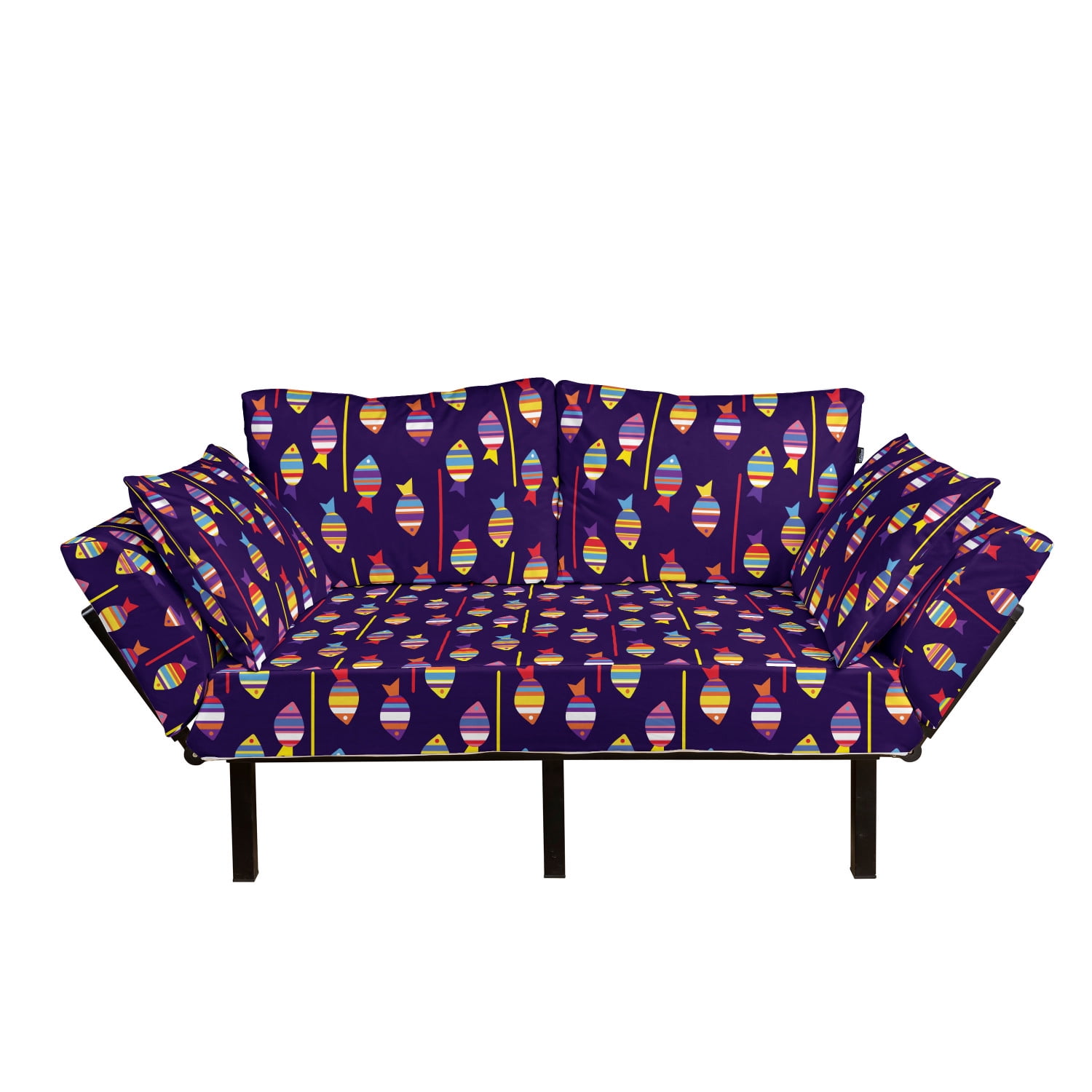 Fish Futon Couch, Rainbow Patterned Aquatic Creatures Silhouettes and ...
