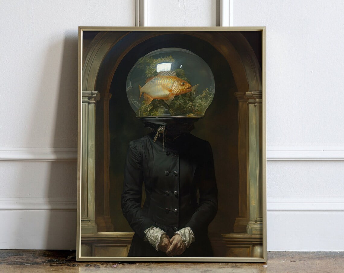 Fish Head Woman Victorian Vintage Painting Altered Moody Poster Banksy ...