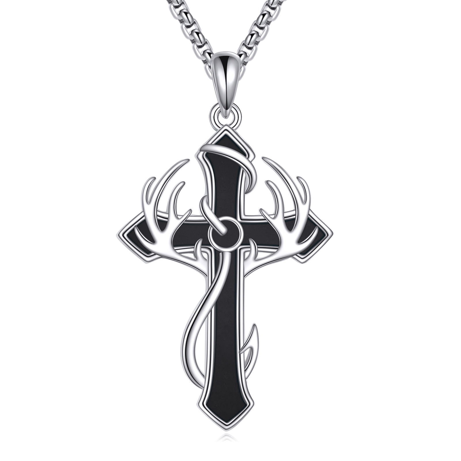 Fish Hook Cross Necklace for Men 925 Sterling Silver Onyx Cross Pendant ...