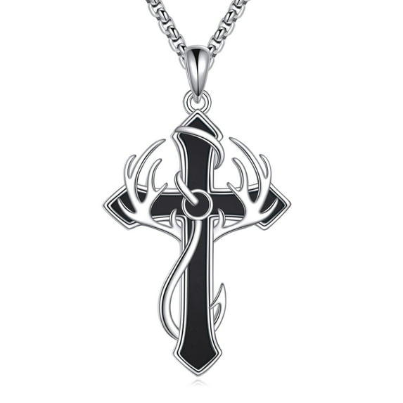 Fish Hook Cross Necklace for Men 925 Sterling Silver Onyx Cross Pendant ...