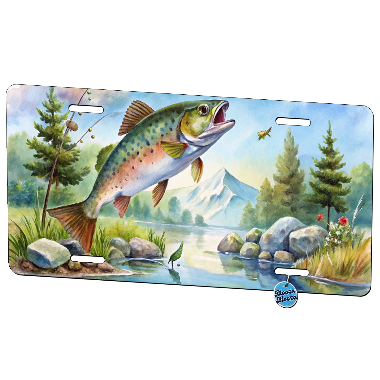 Fish Jumping Stream Lake Fishing Watercolor Metal Novelty License Plate ...