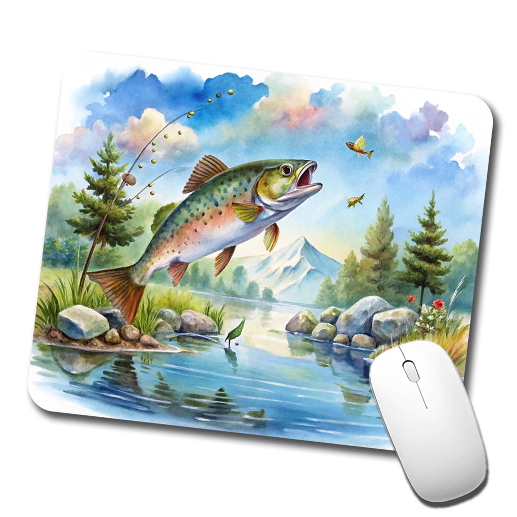 Fish Jumping Stream Lake Fishing Watercolor Mouse Pad Low Profile ...