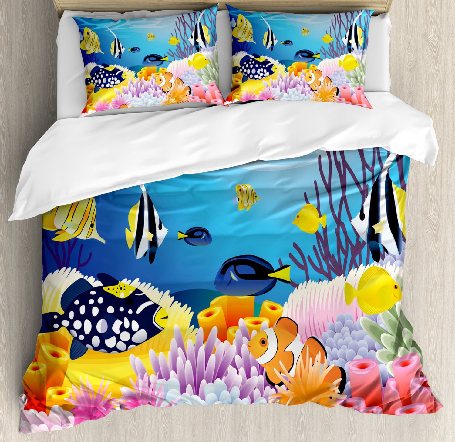 Fish King Size Duvet Cover Set, Water Life with Different Kind of ...