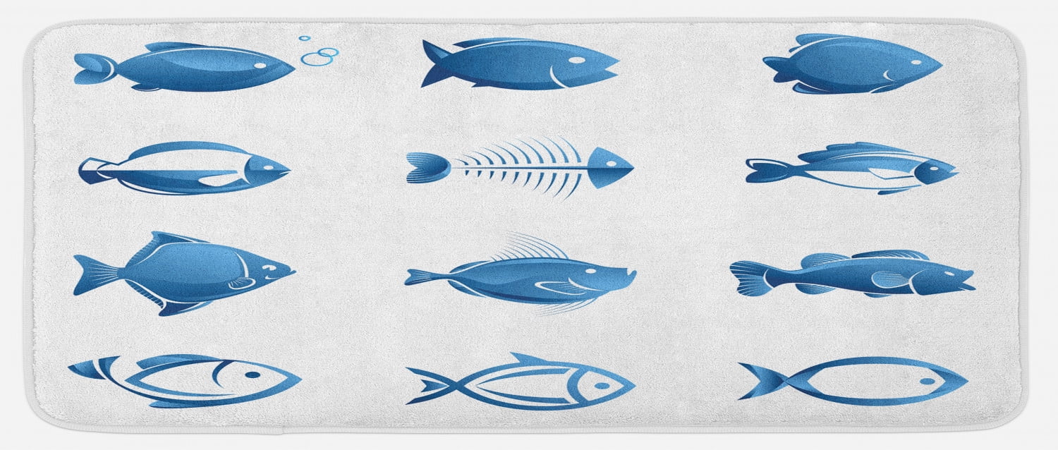 Fish Kitchen Mat, Array of Fish Silhouettes Marine Life Sea Ocean ...